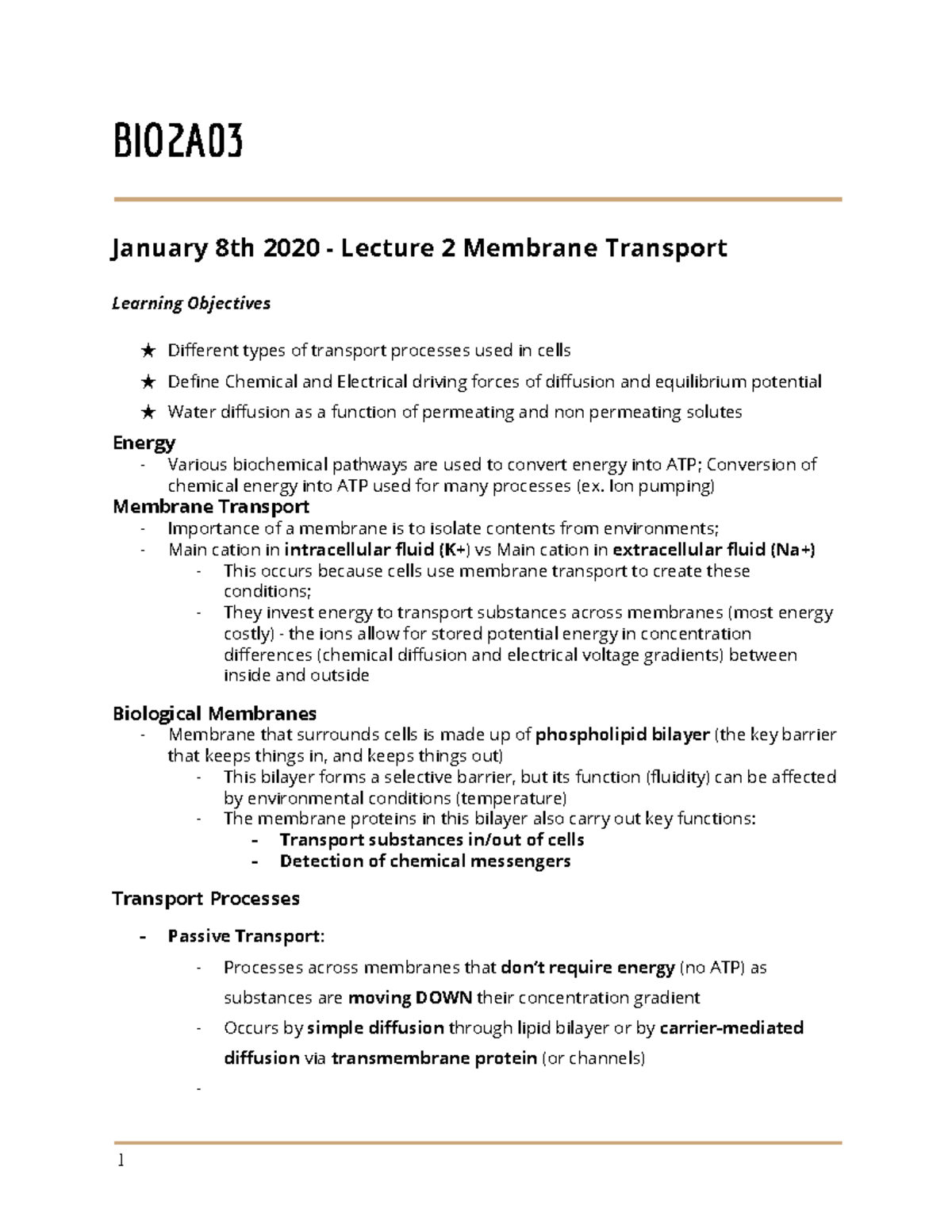 Bio2A03 Lecture 2 Membrane Transport - BIO2A January 8th 2020 - Lecture ...