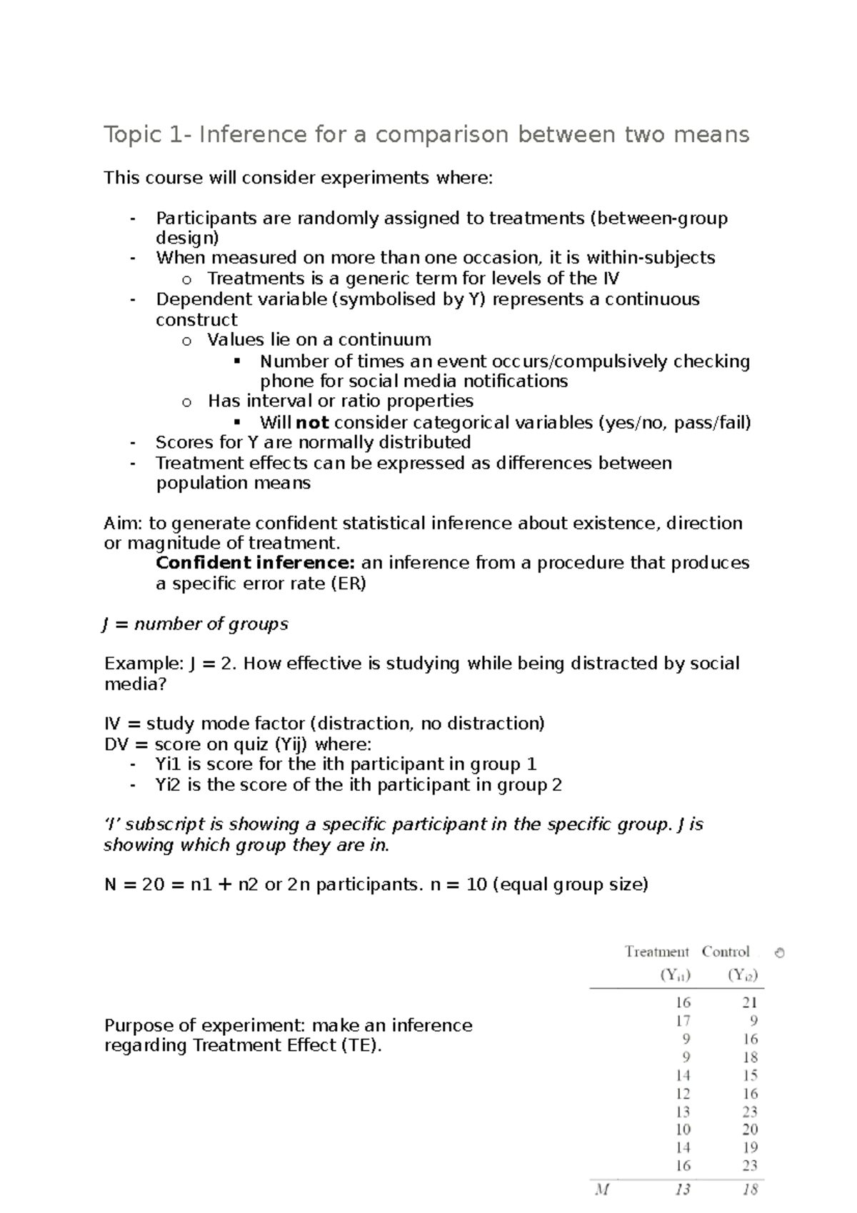 Topic 1 notes - Topic 1- Inference for a comparison between two means ...