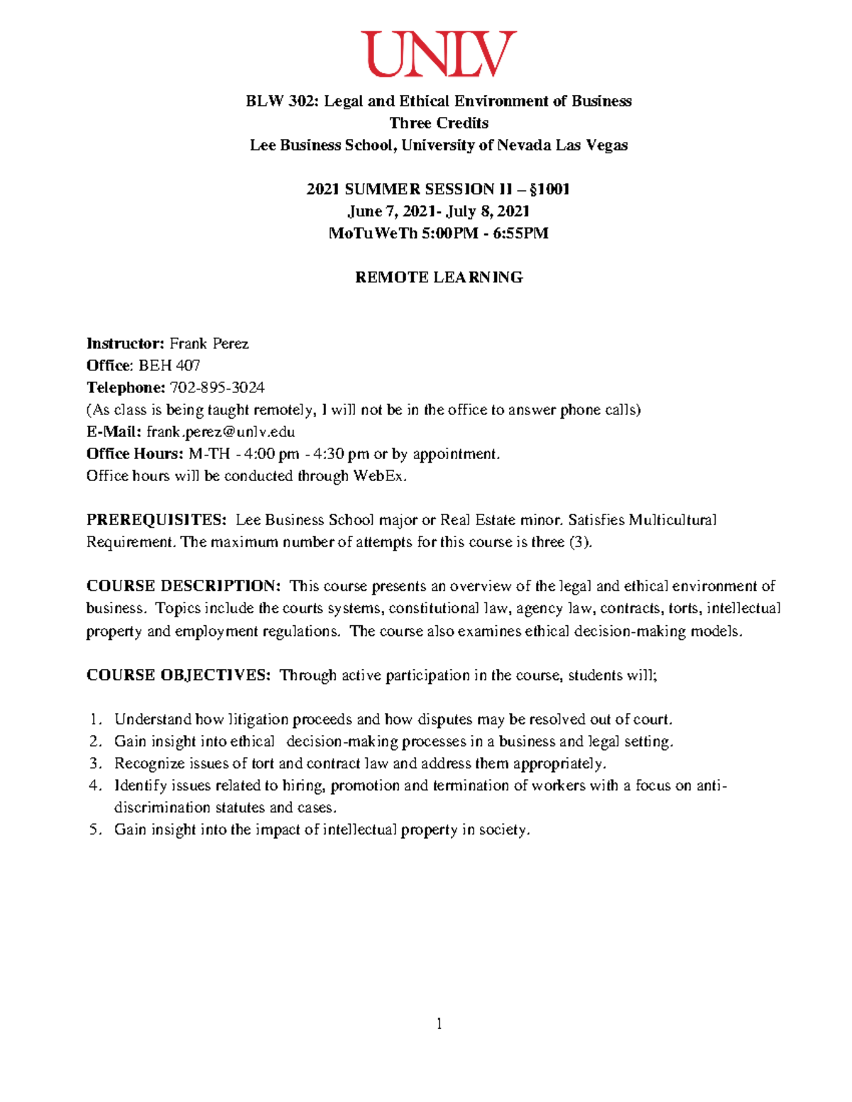§1001 BLW 302 Syllabus Summer 2021 - 1 BLW 302: Legal and Ethical ...