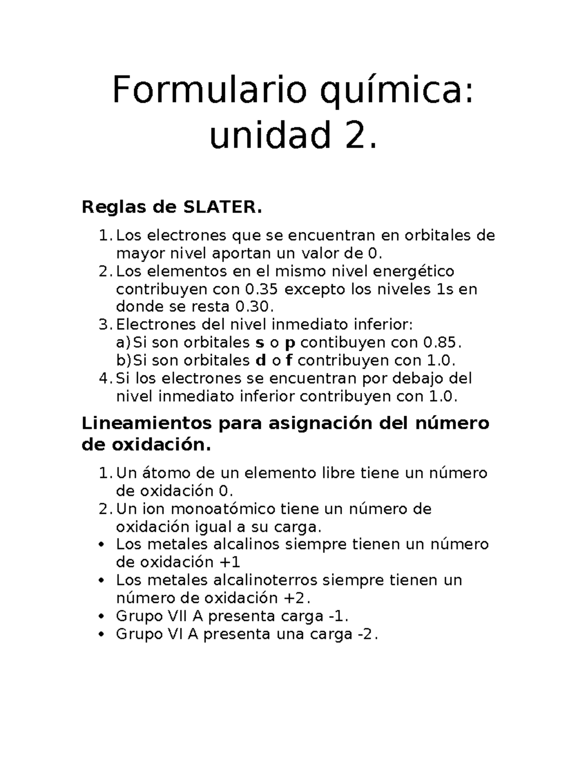 Formulario química - Formulario química: unidad 2. Reglas de SLATER ...