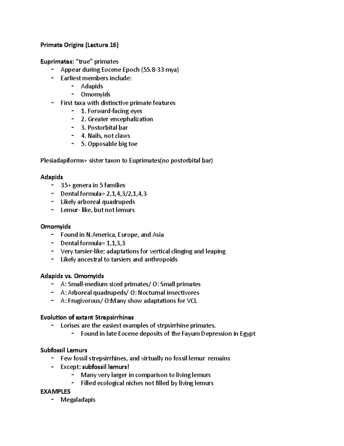 Anthro notes 13 - Primate Origins (Lecture 16) Euprimates: “true ...