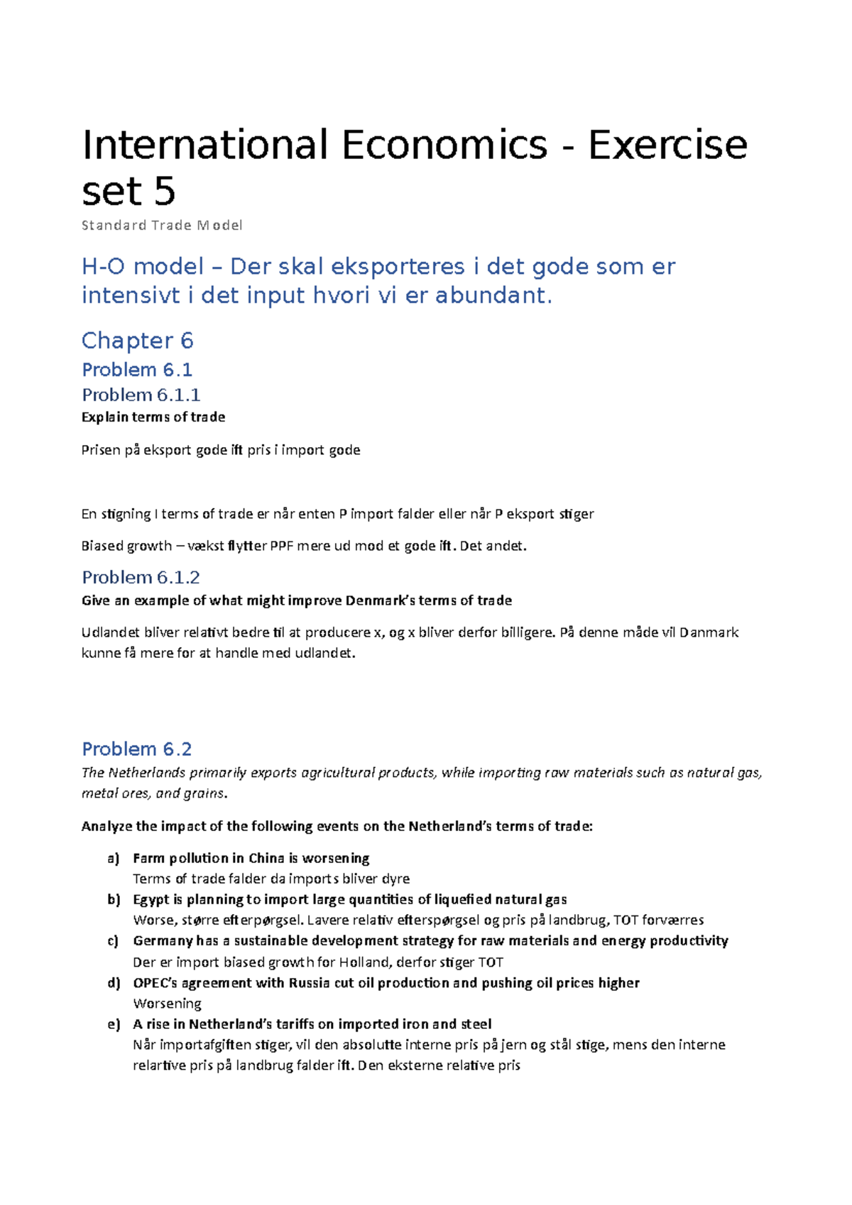 Exercise set 5 - Øvelsesopgaver med svar til faget International økonomi på HA-IB studiet 4 ...