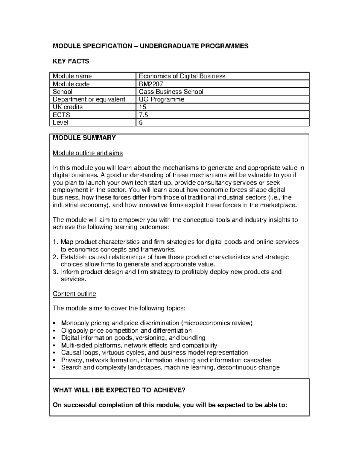 BM2207 - Economics of Digital Business - MODULE SPECIFICATION ...
