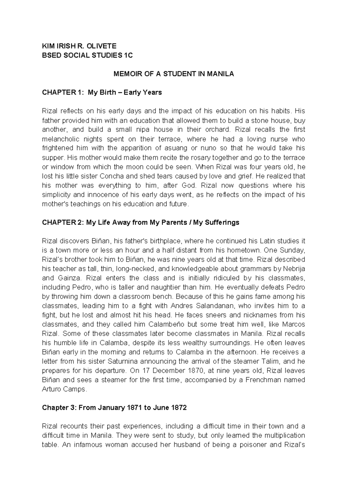 Memoir ofa student in manila - KIM IRISH R. OLIVETE BSED SOCIAL STUDIES ...