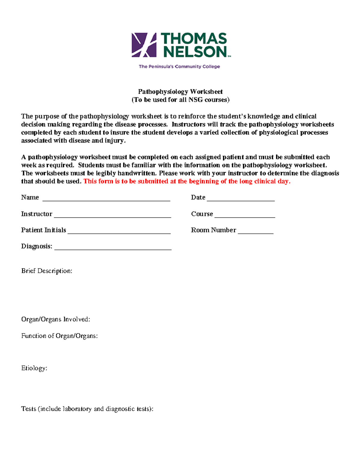 Pathophysiology Worksheet Spring 2019 - NSg 152 - Studocu