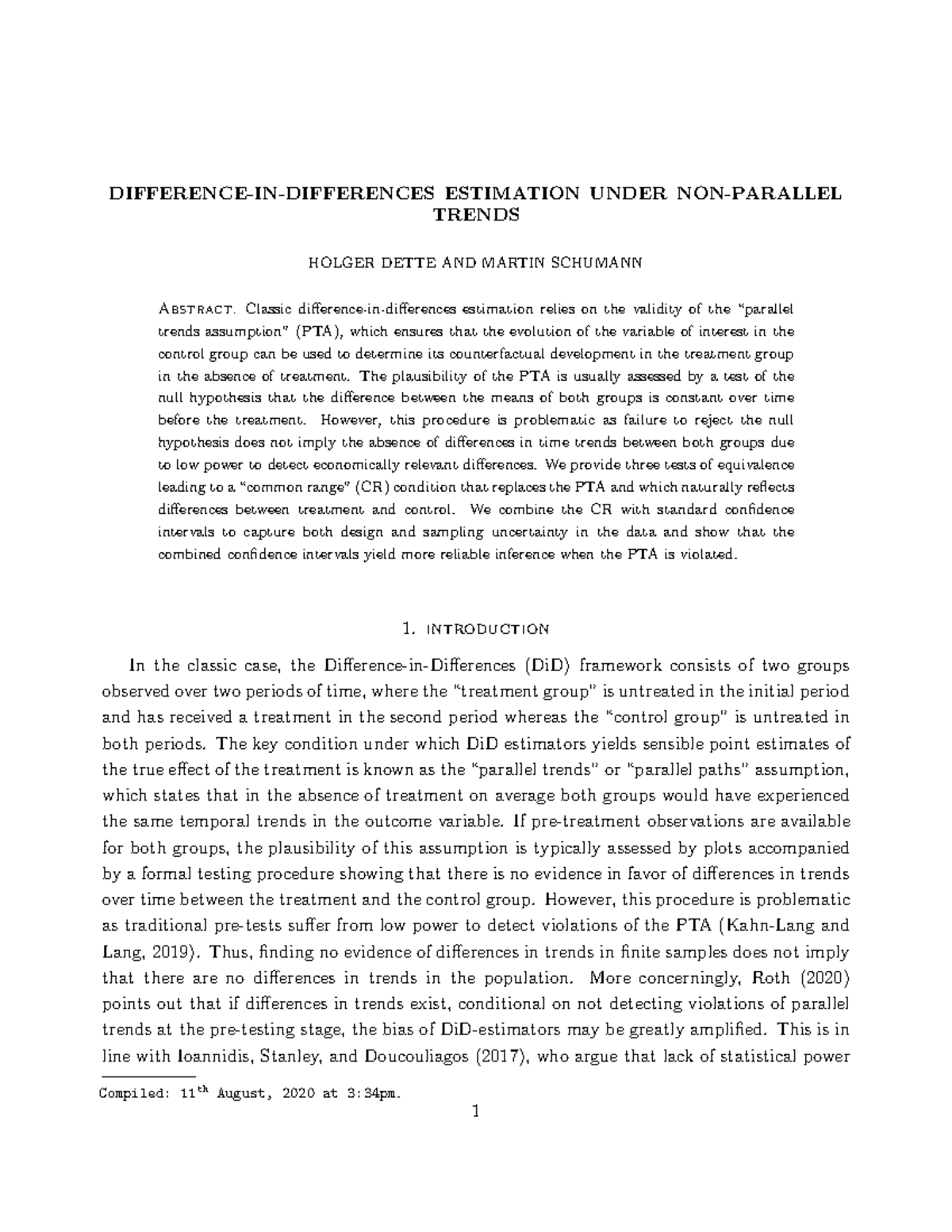 Dette schumann 2020 - DIFFERENCE-IN-DIFFERENCES ESTIMATION UNDER NON-PARALLEL TRENDS HOLGER ...
