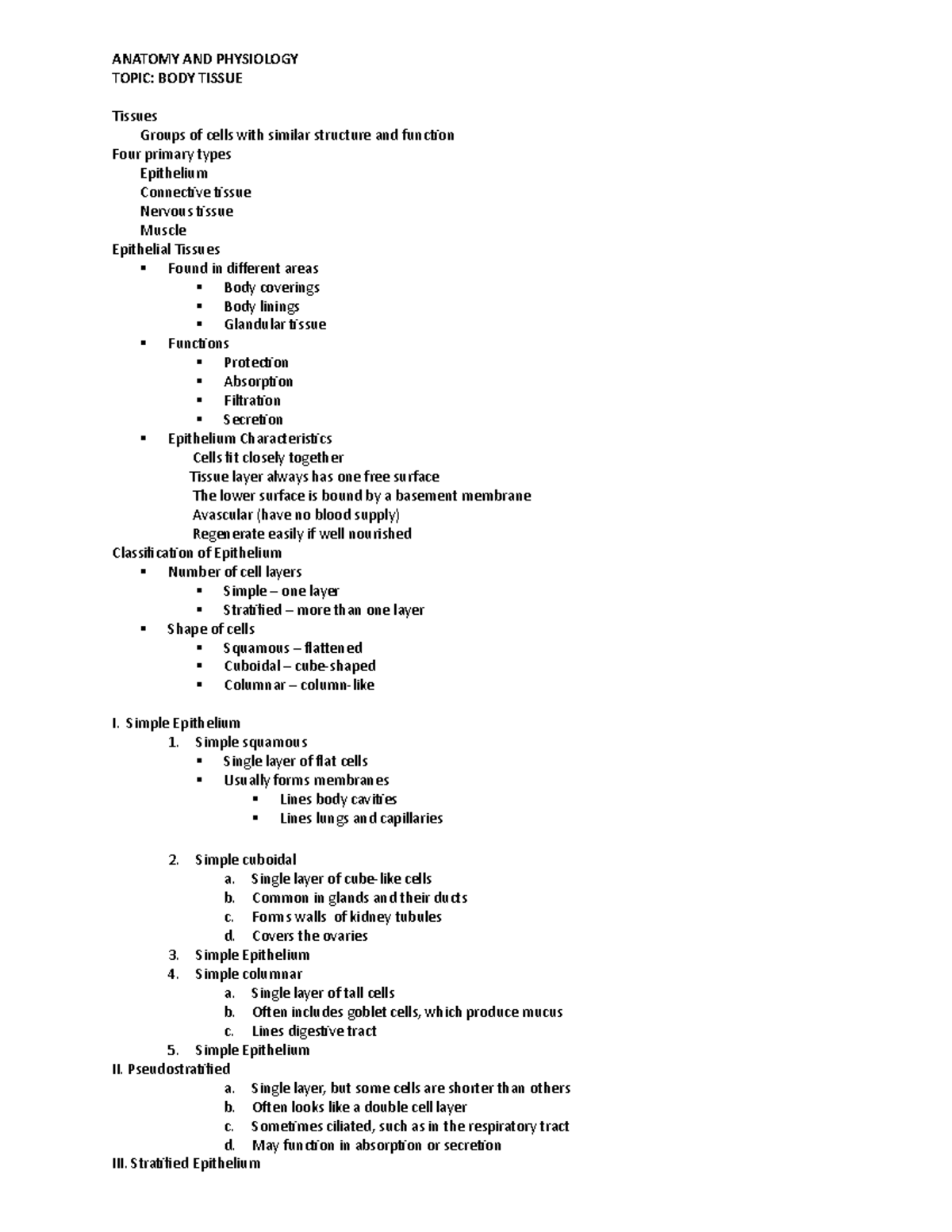 Module 4 Handouts Tissue - ANATOMY AND PHYSIOLOGY TOPIC: BODY TISSUE ...