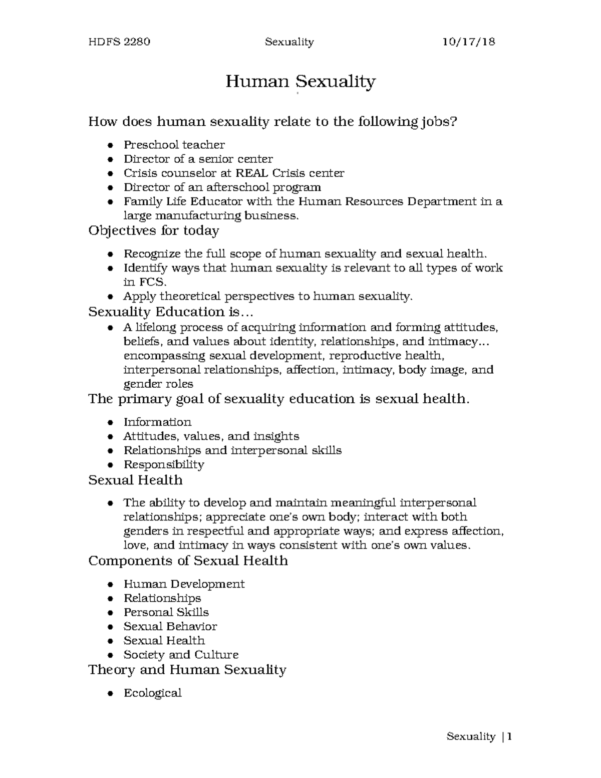 Human Sexuality - HDFS 2280 Sexuality 10/17/18 Human Sexuality How does ...