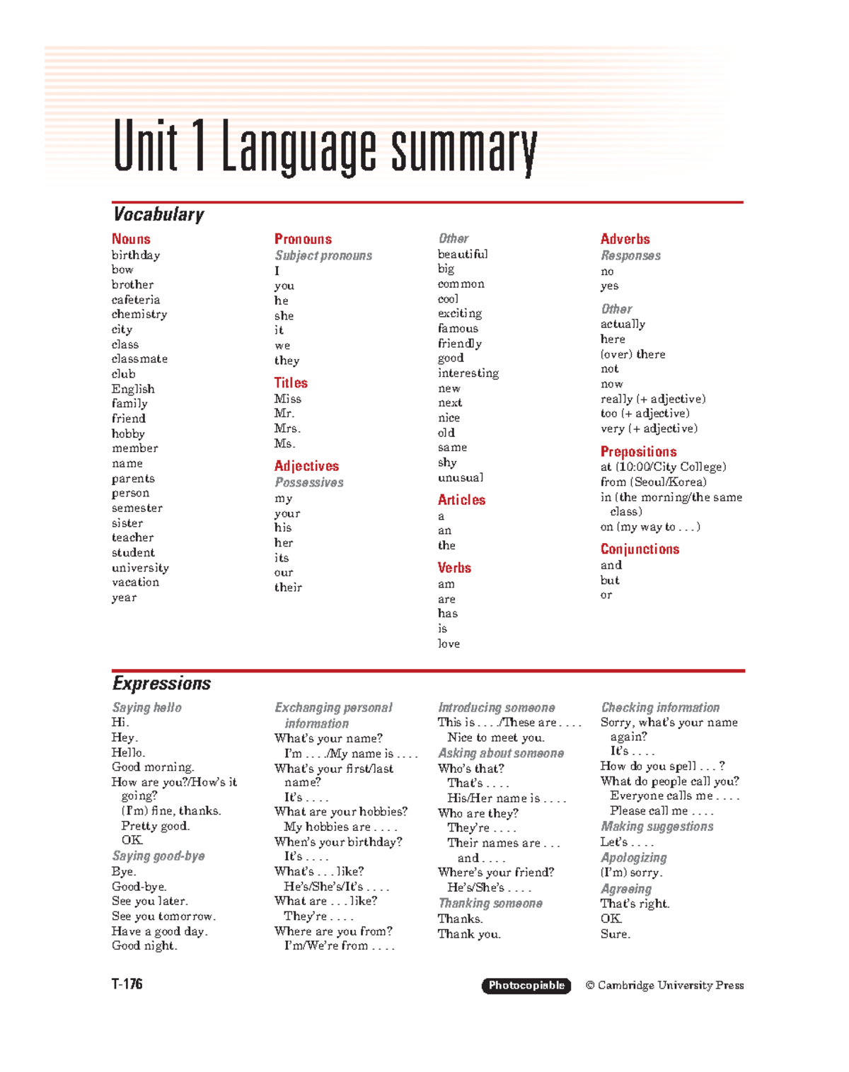 Level 1 Language summary - Unit 1 Language summary T-176 Photocopiable ...