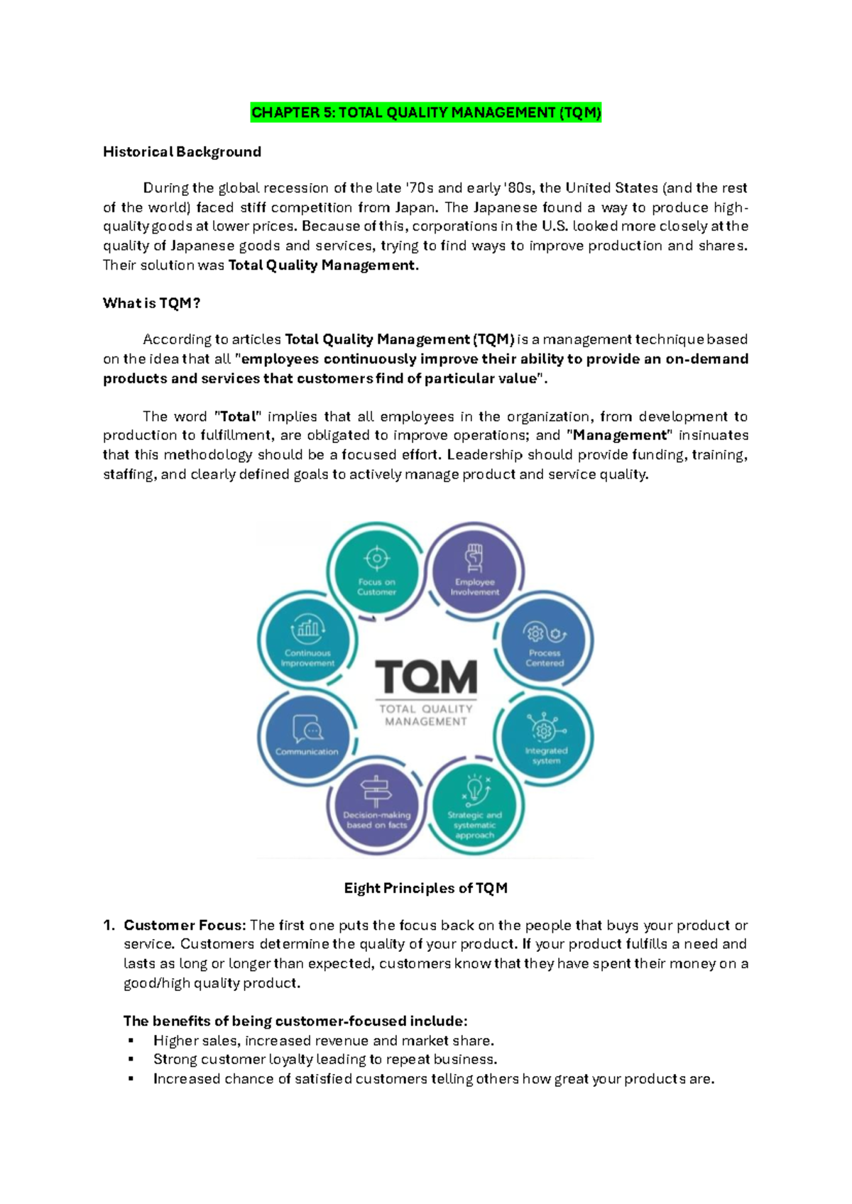 Opman Reviewer C5 - Lecture in Operations Management - CHAPTER 5: TOTAL QUALITY MANAGEMENT (TQM ...