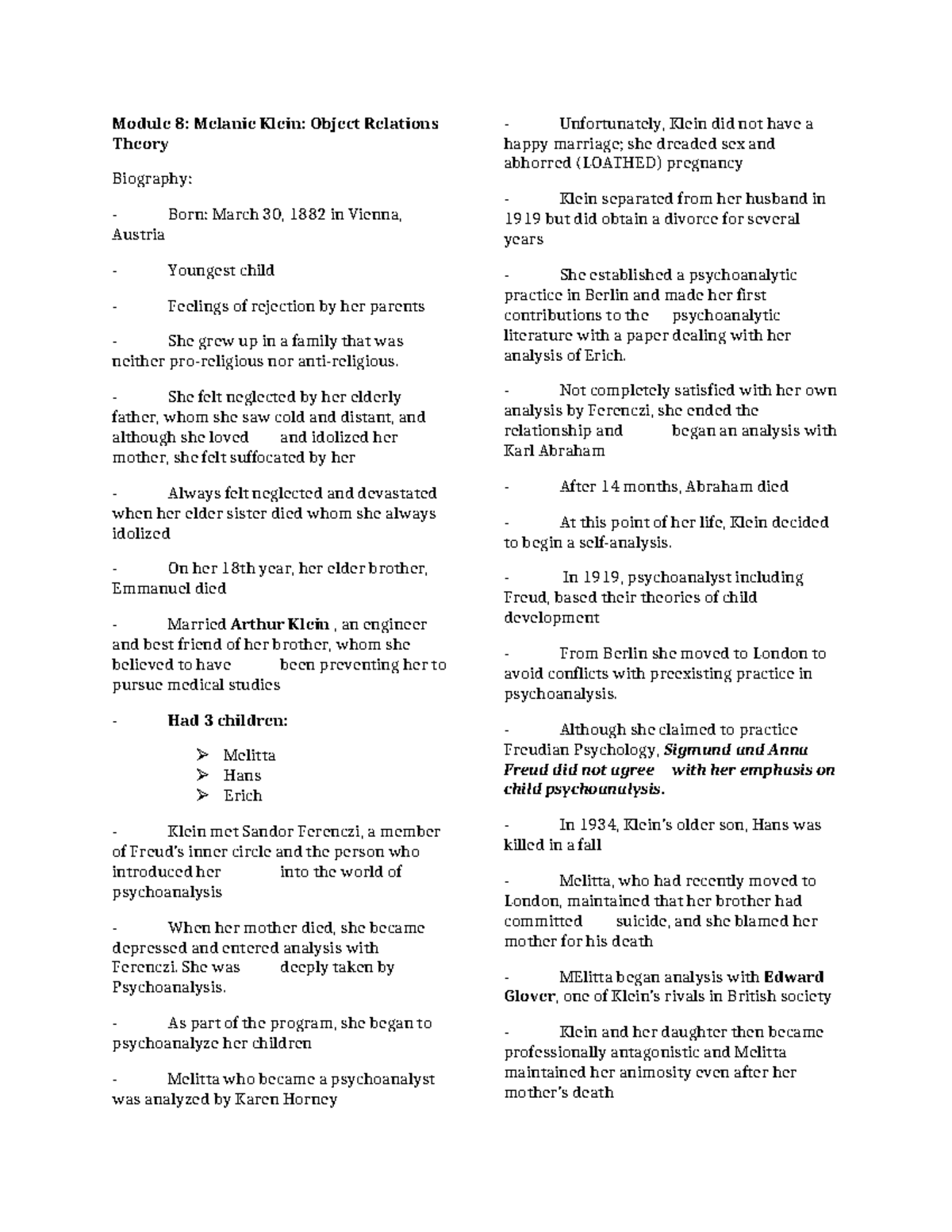 Klein object relations - Module 8: Melanie Klein: Object Relations ...