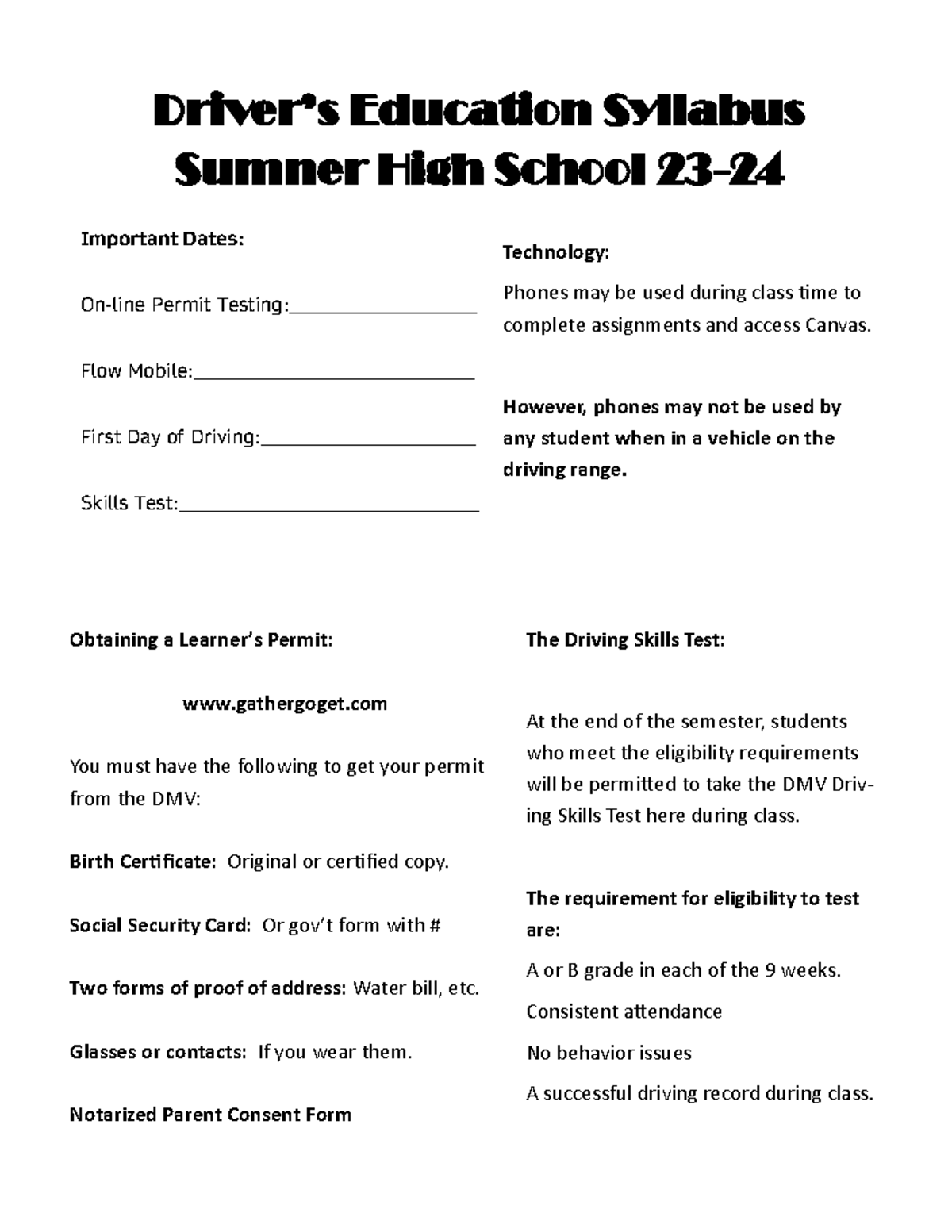 Driver's Ed Updated Syllabus - Driver’s Education Syllabus Sumner High ...