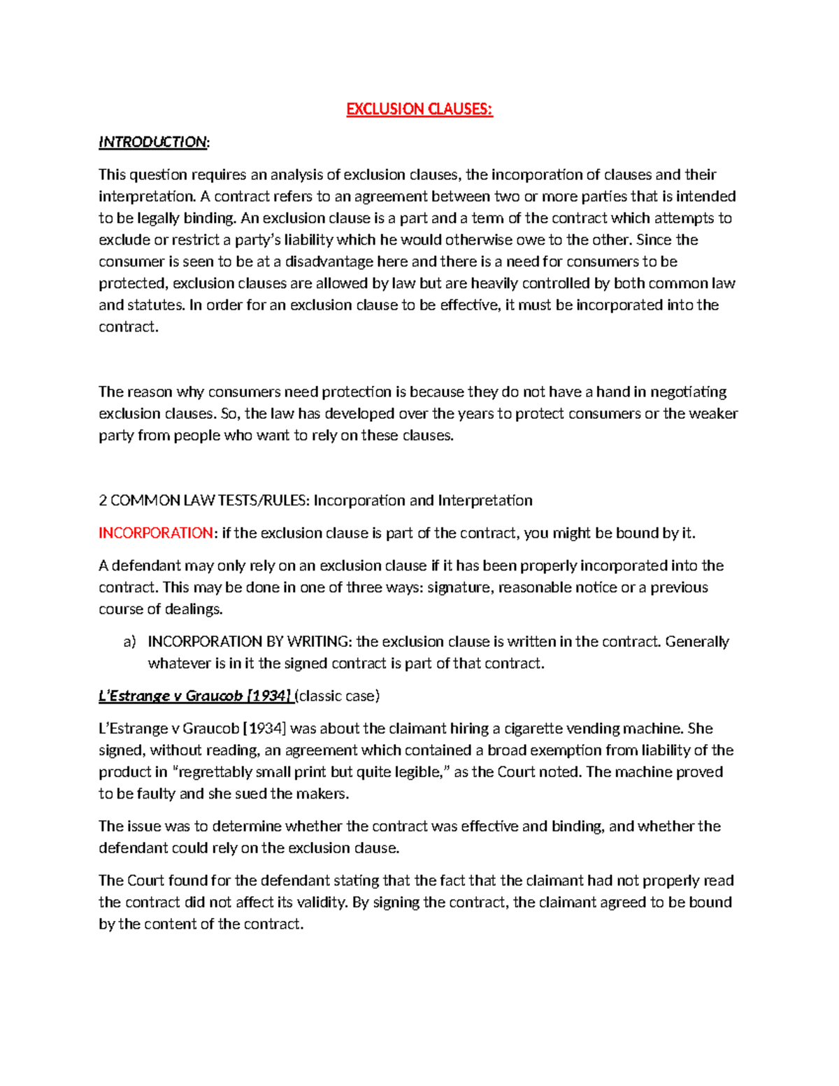 Contract Law - Exclusion clauses - EXCLUSION CLAUSES: INTRODUCTION ...