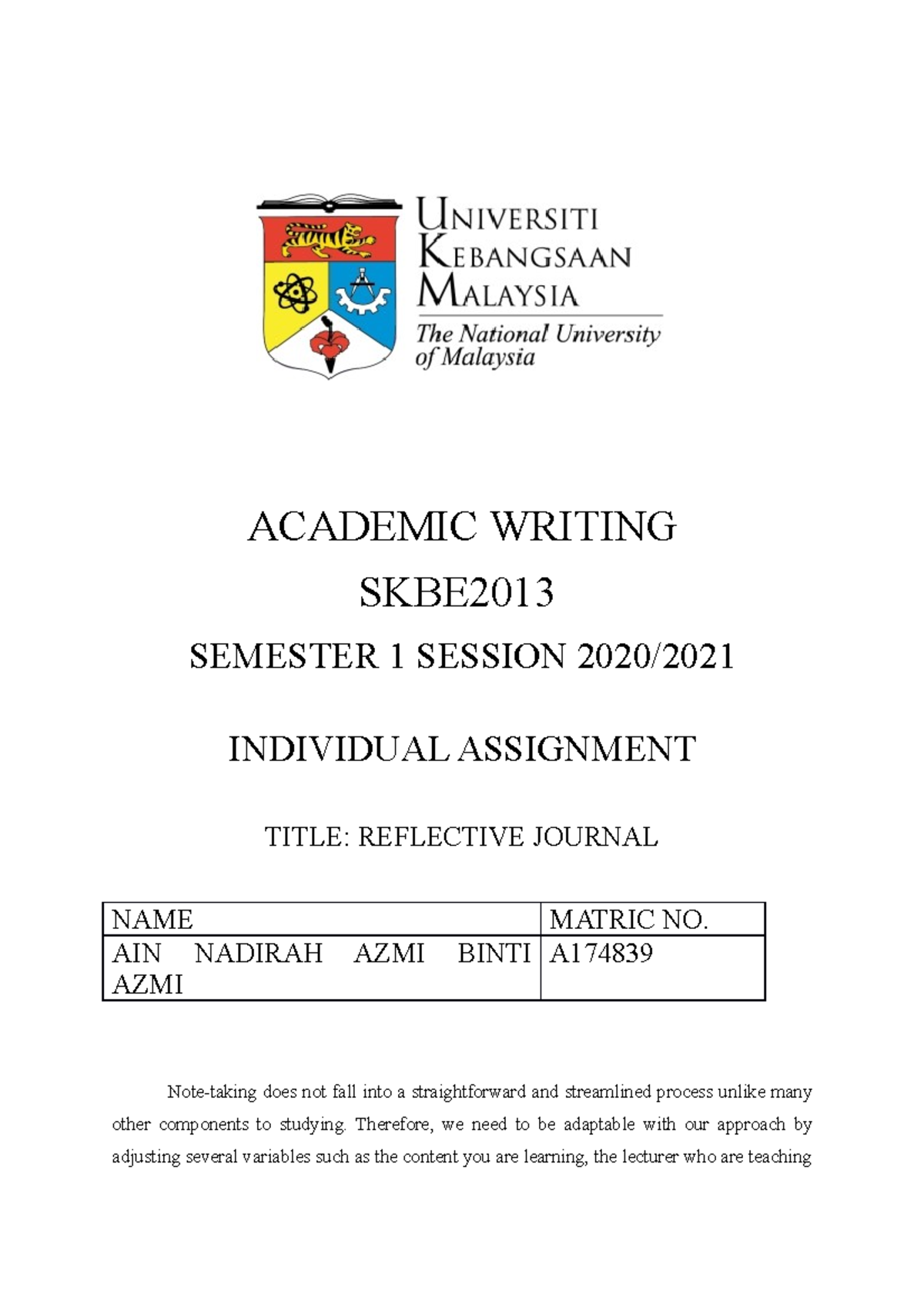 Reflective Journal - work - ACADEMIC WRITING SKBE SEMESTER 1 SESSION ...