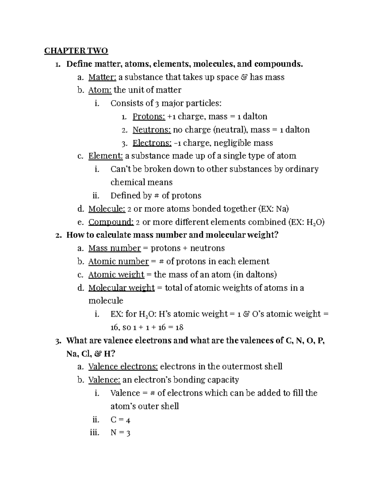 Chapter 2- Chemistry of Biology - CHAPTER TWO 1. Deﬁne matter, atoms ...