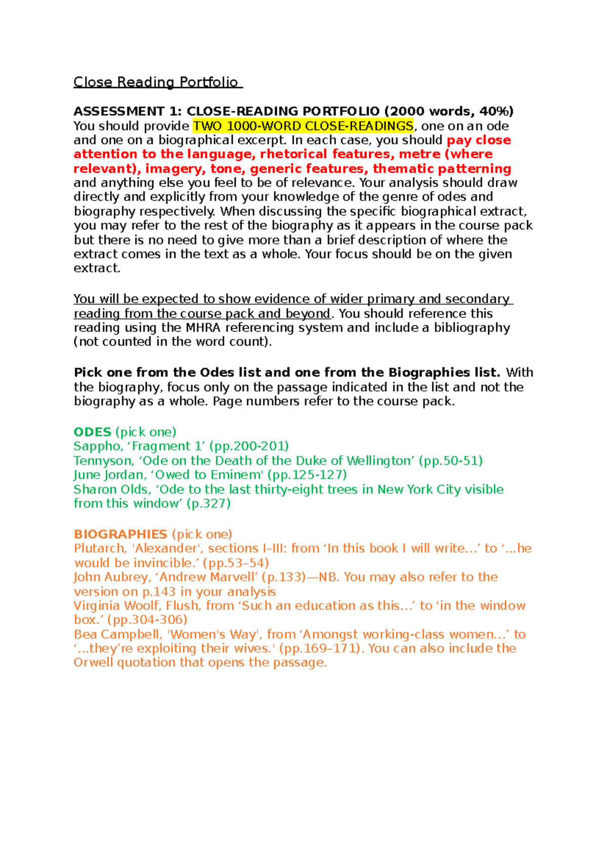 Close Reading Portfolio - Close Reading Portfolio ASSESSMENT 1: CLOSE ...