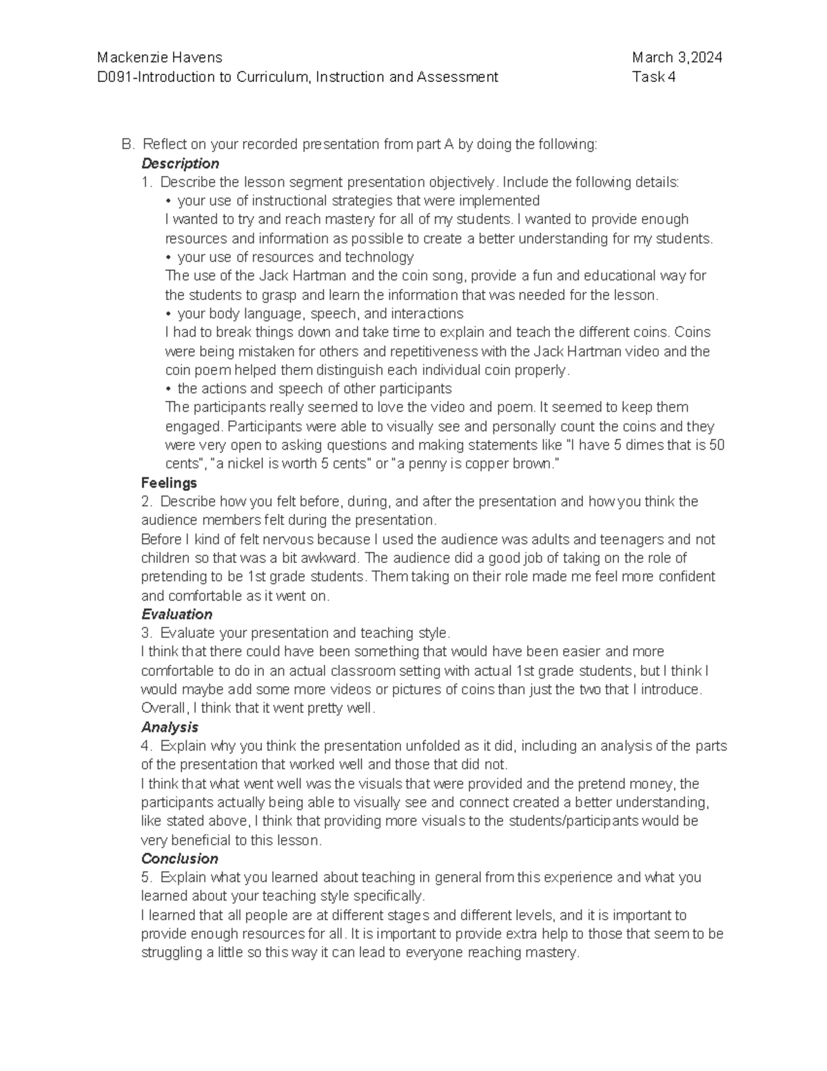 Class 8 task 4 attempt 1 - Mackenzie Havens March 3, D091-Introduction to Curriculum ...