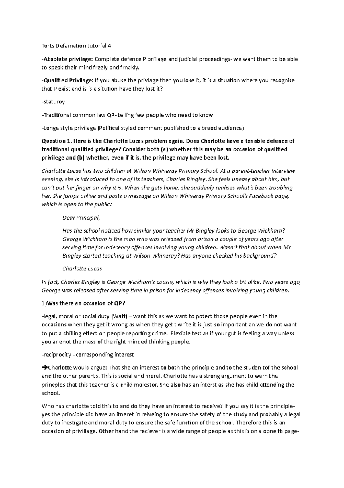Tutorial Four - Torts Defamation tutorial 4 -Absolute privilage ...