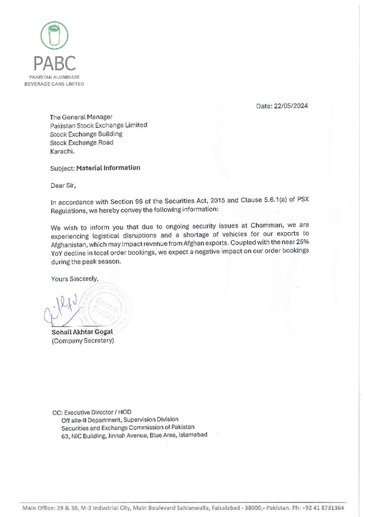 PABC - Subject: Material Information Dear Sir, In accordance with ...