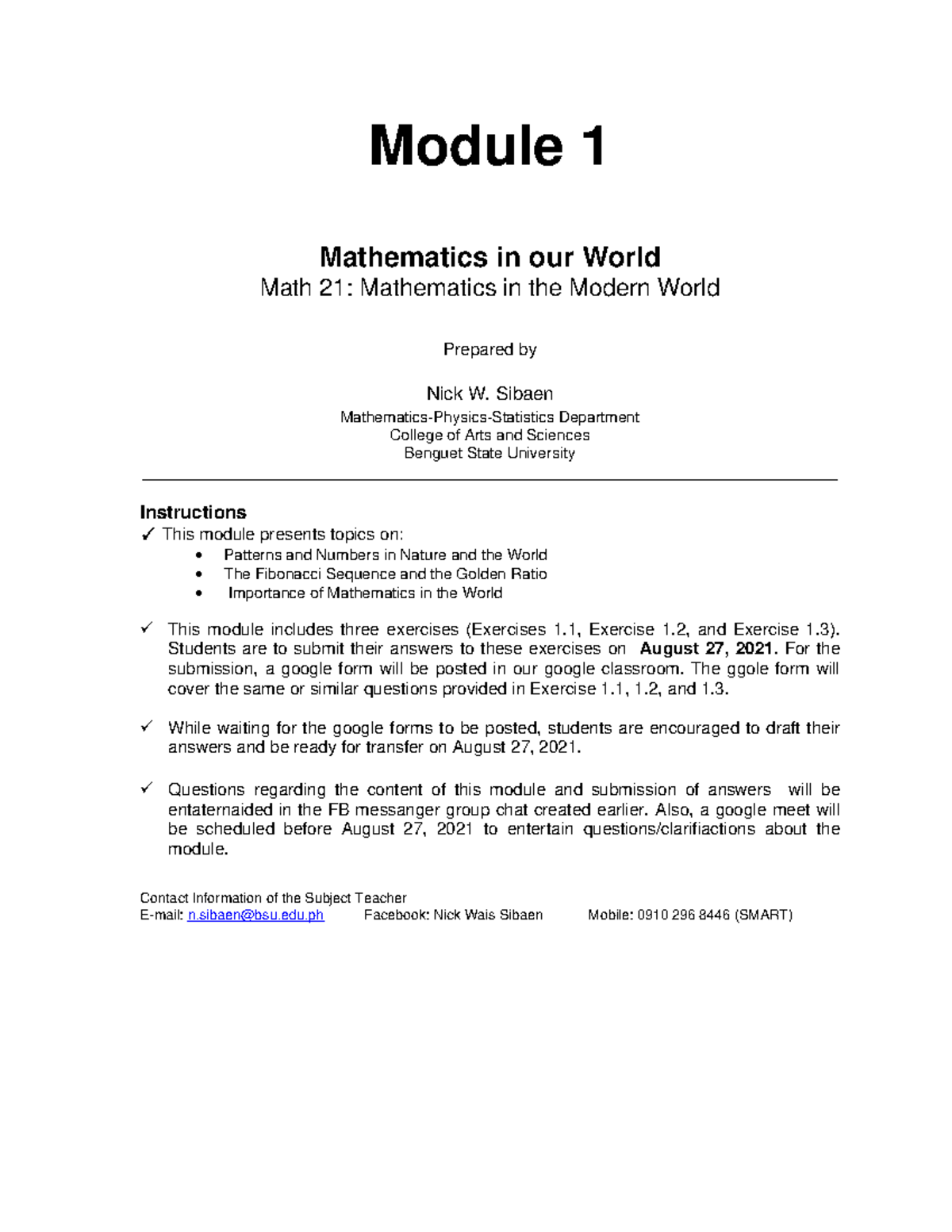 Module 1 Mathematics In Our World Sibaen Mathematics Physics Statistics Department College Of