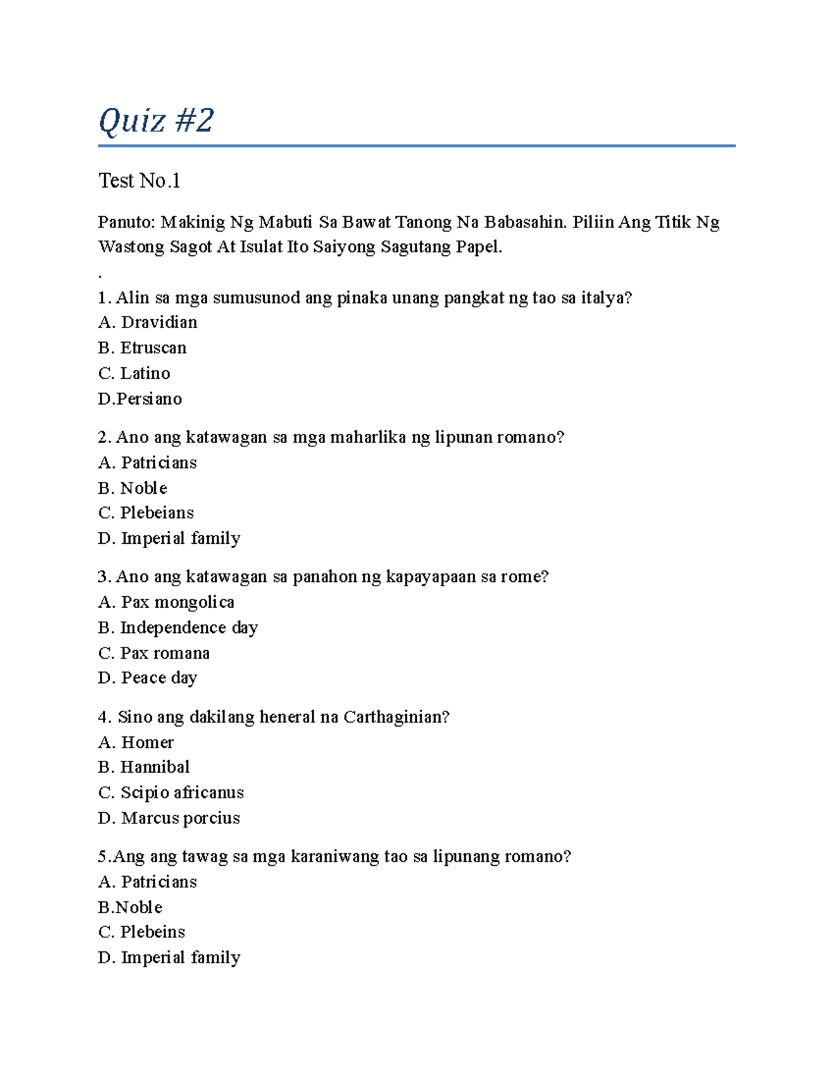 AP-QUIZ-2- Quarter-2 - Wow - Quiz Test No. Panuto: Makinig Ng Mabuti Sa ...