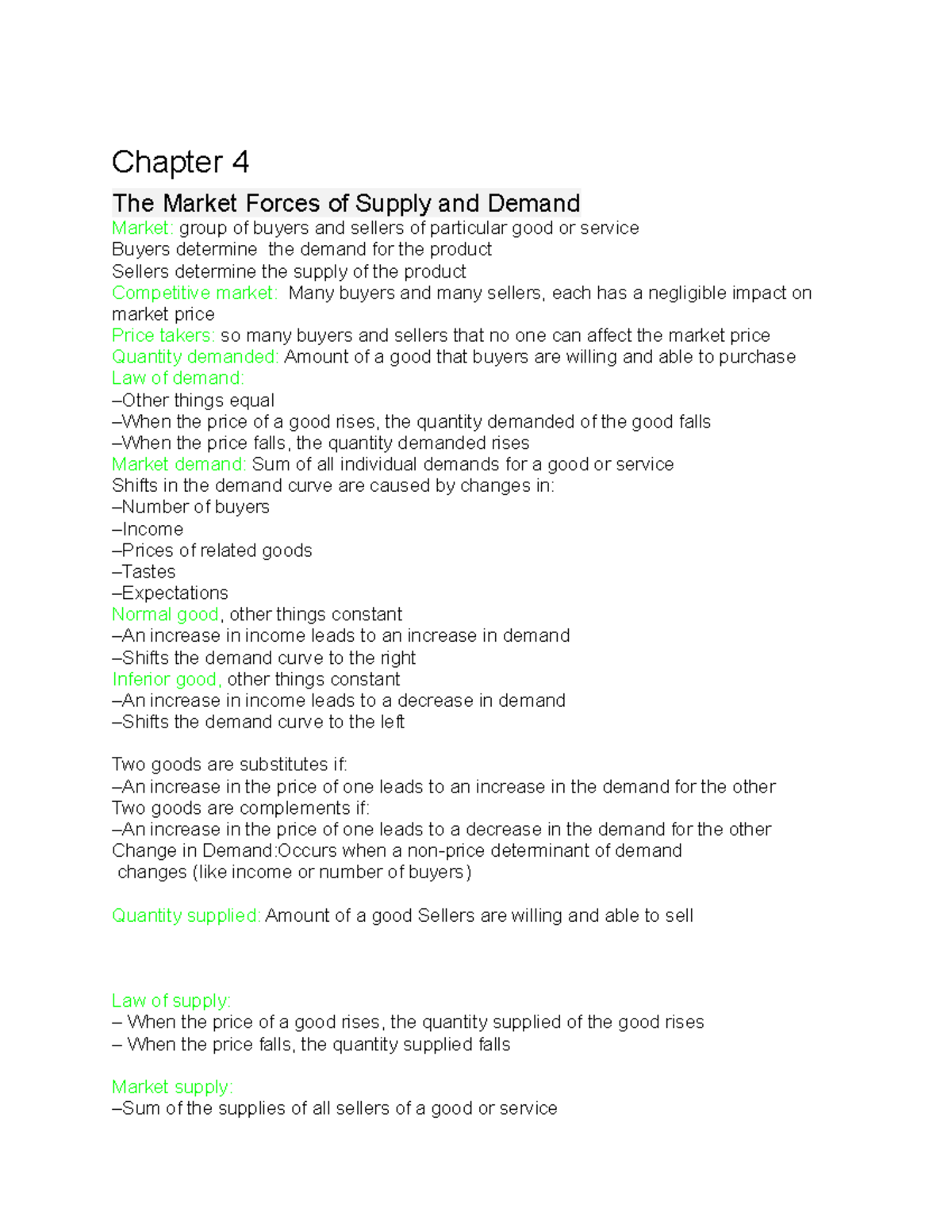 Chapter 4 and 6 - Chapter 4 The Market Forces of Supply and Demand ...