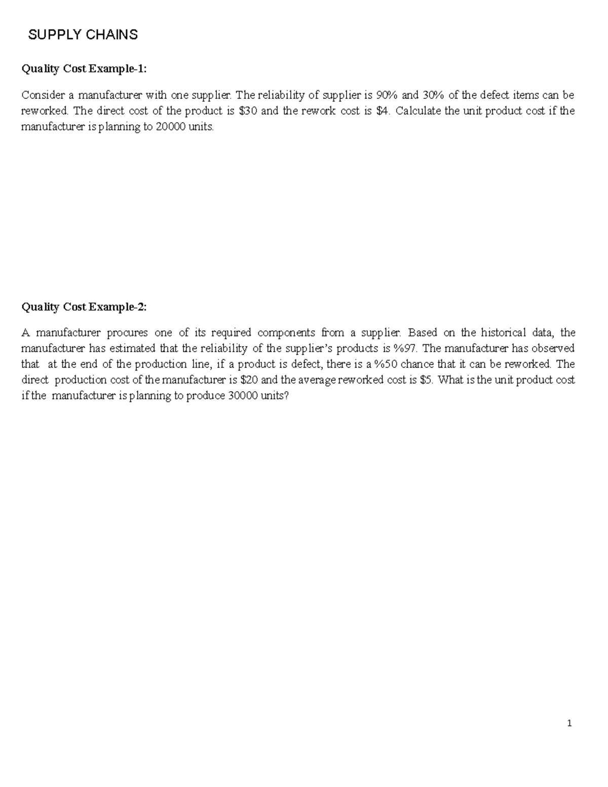 Practise - practice question - SUPPLY CHAINS Quality Cost Example-1 ...