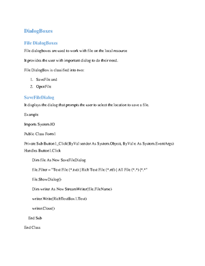 Dialog Boxes And Database - DialogBoxes File DialogBoxes File dialogboxes are used to work with ...