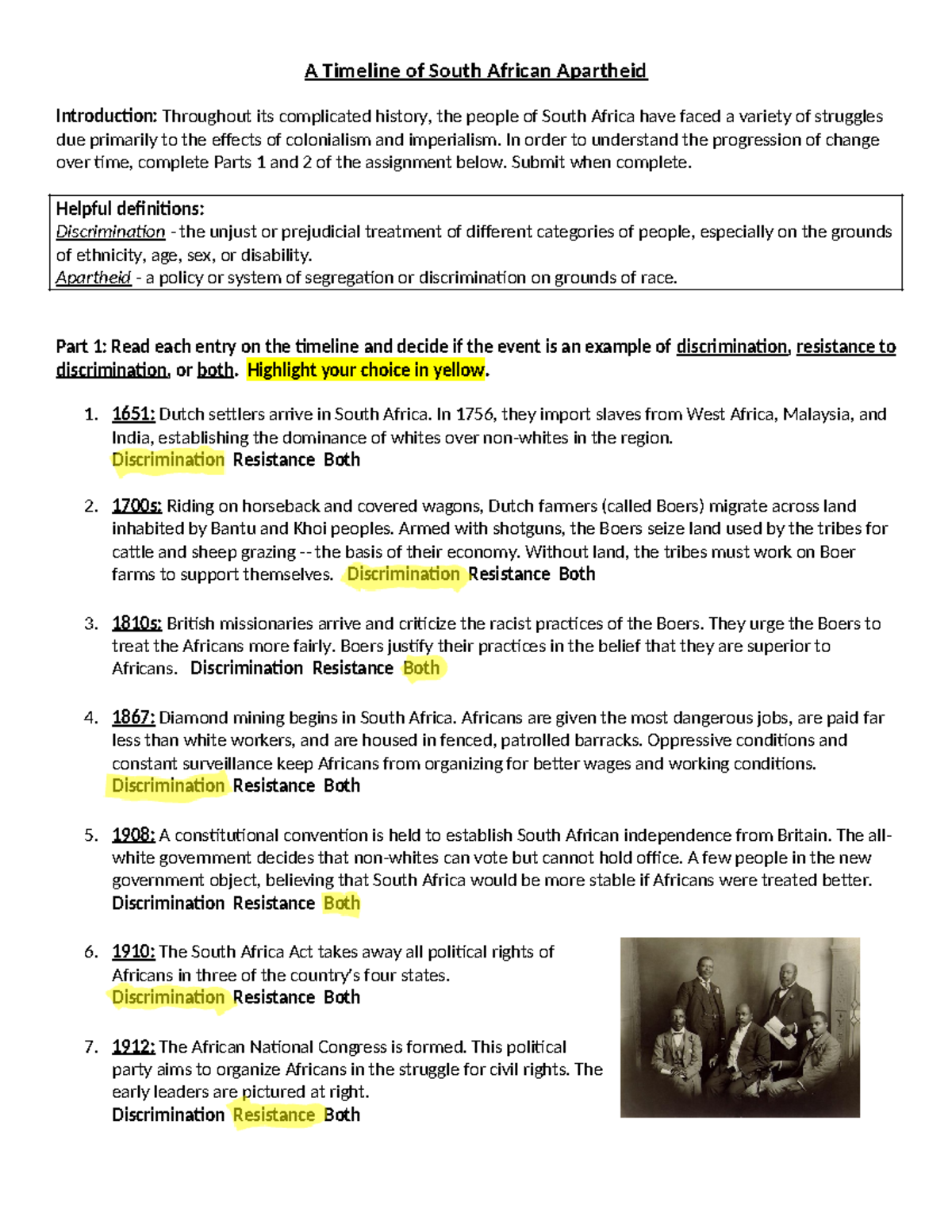 A Timeline of South African Apartheid assignment 2 copy - A Timeline of ...