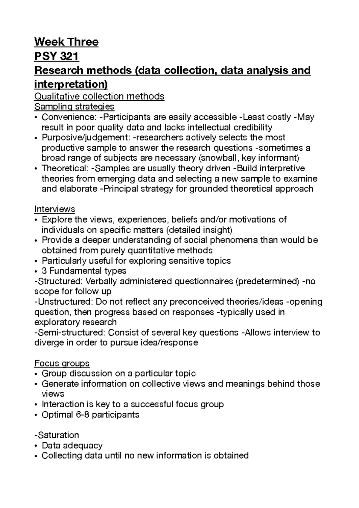 Week three PSY321 notes- Research methods (data collection, data ...