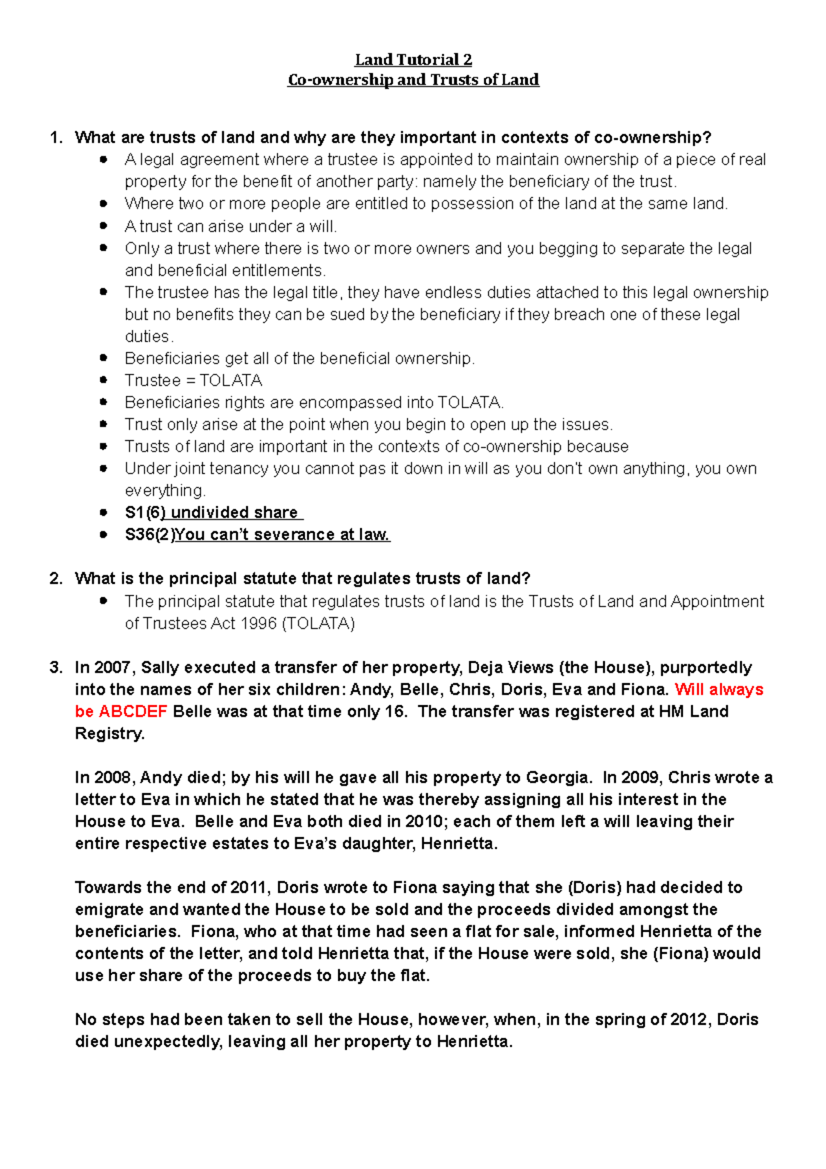 Land Tutorial 2 - Lecture Notes - Land Tutorial 2 Co-ownership and ...