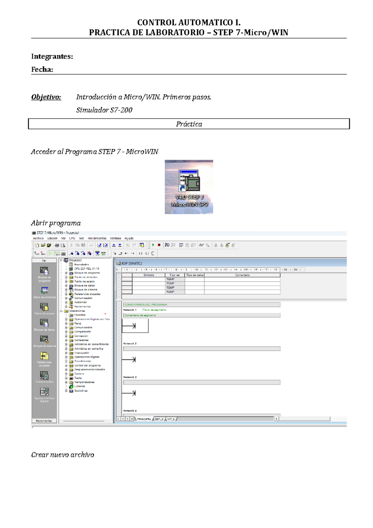 Practica 01 Control Laboratorio - CONTROL AUTOMATICO I. PRACTICA DE LABORATORIO – STEP 7-Micro ...