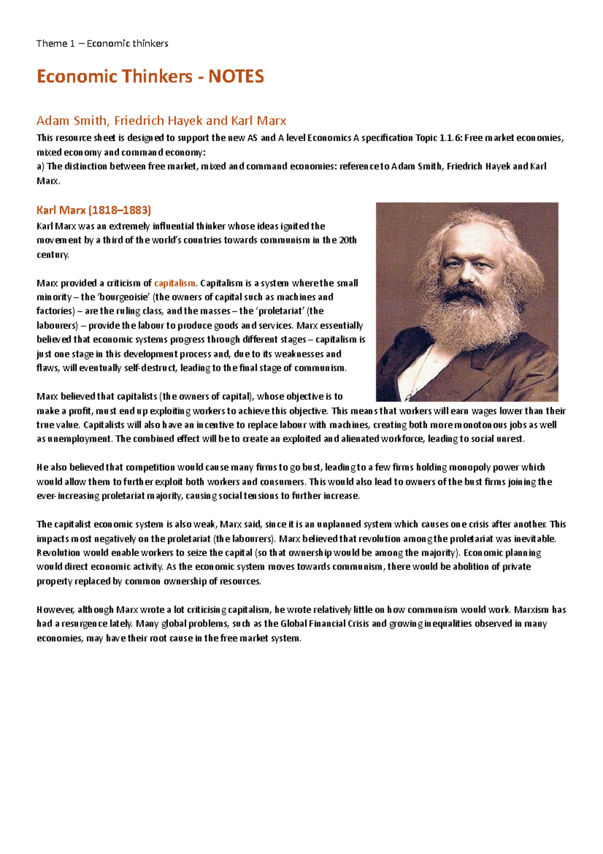 economists comparison - Economic Thinkers - NOTES Adam Smith, Friedrich ...