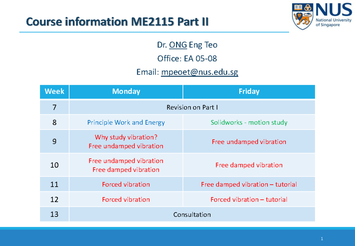 ME2115 - Revision on Part I - Course information ME2115 Part II Dr. ONG Eng Teo Office: EA 05-08 ...