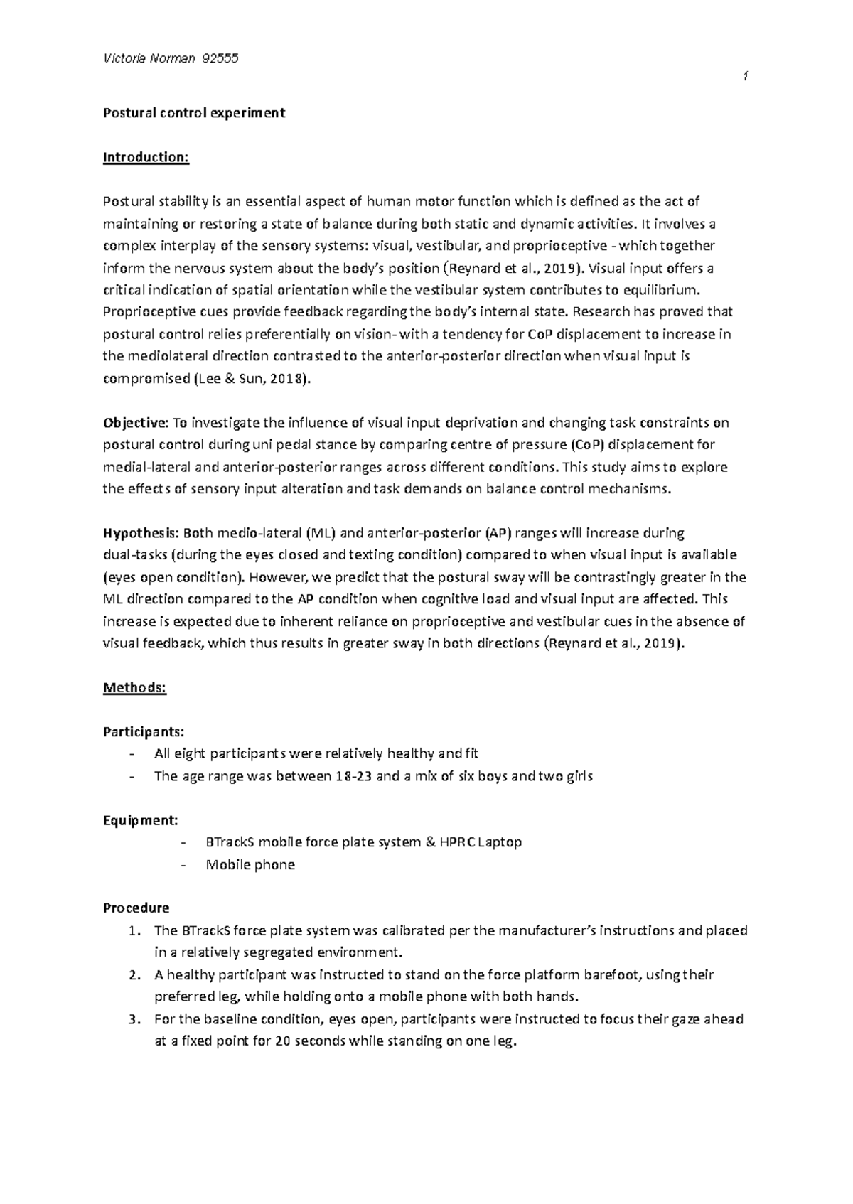 92555 lab 1b - Victoria Norman - 1 Postural control experiment ...