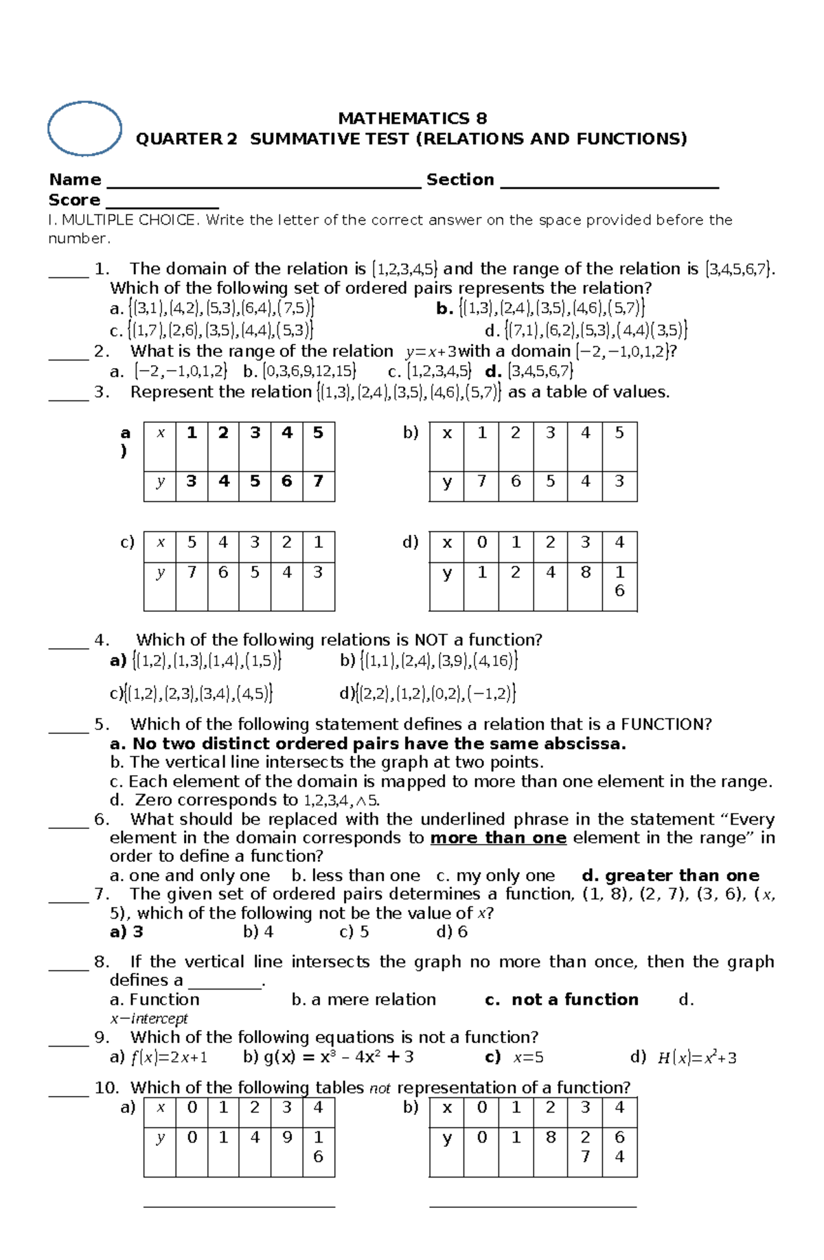 MATH 8, Q2, W 3-4, Practice Quiz - MATHEMATICS 8 QUARTER 2 SUMMATIVE ...