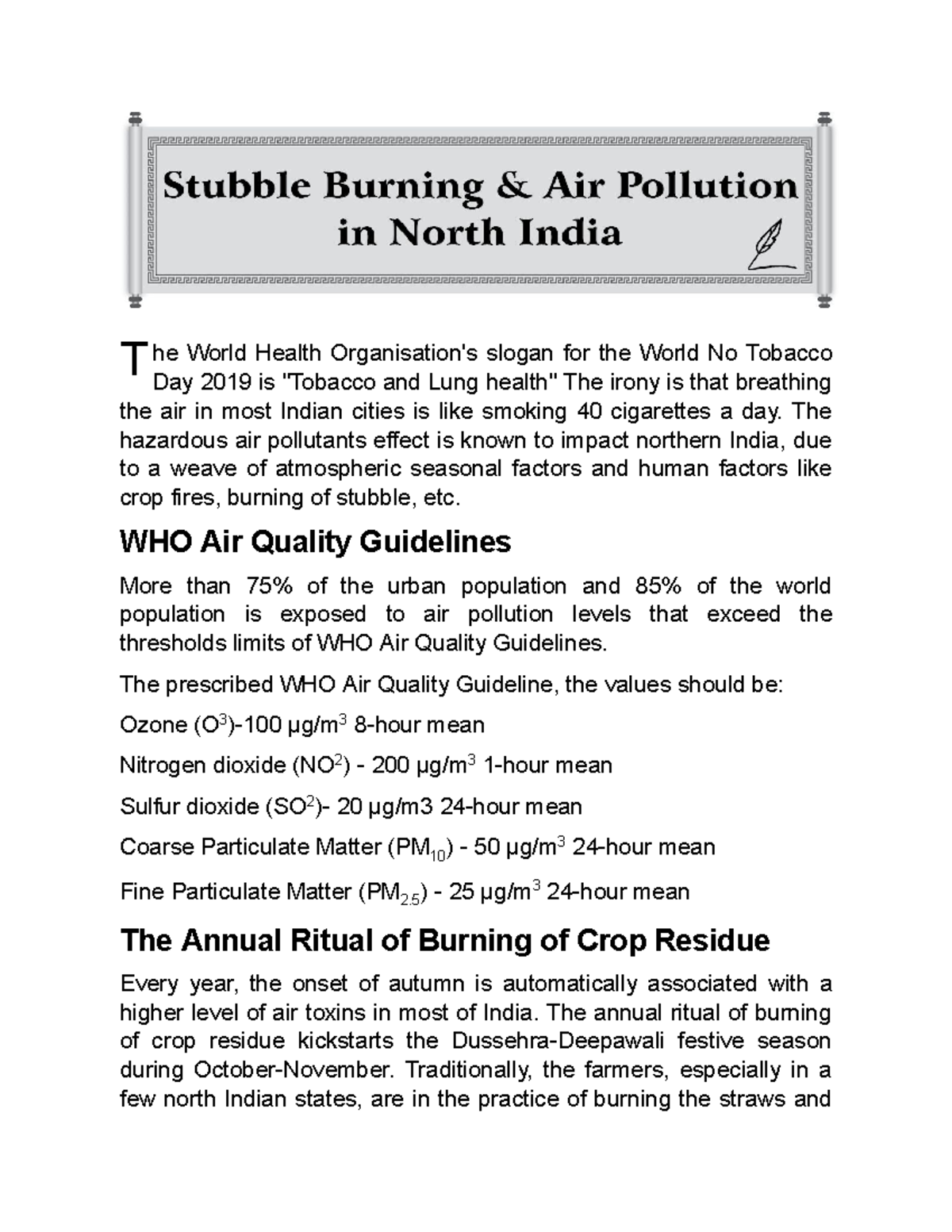 Essay Stubble Burning and Air pollution in North India - The World ...