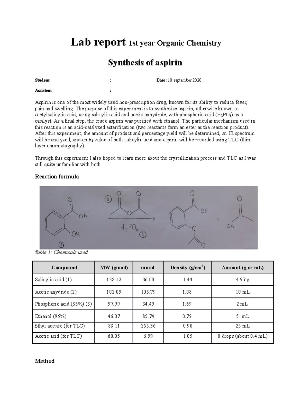 Aspirine meetrapport - Lab report 1st year Organic Chemistry Synthesis ...