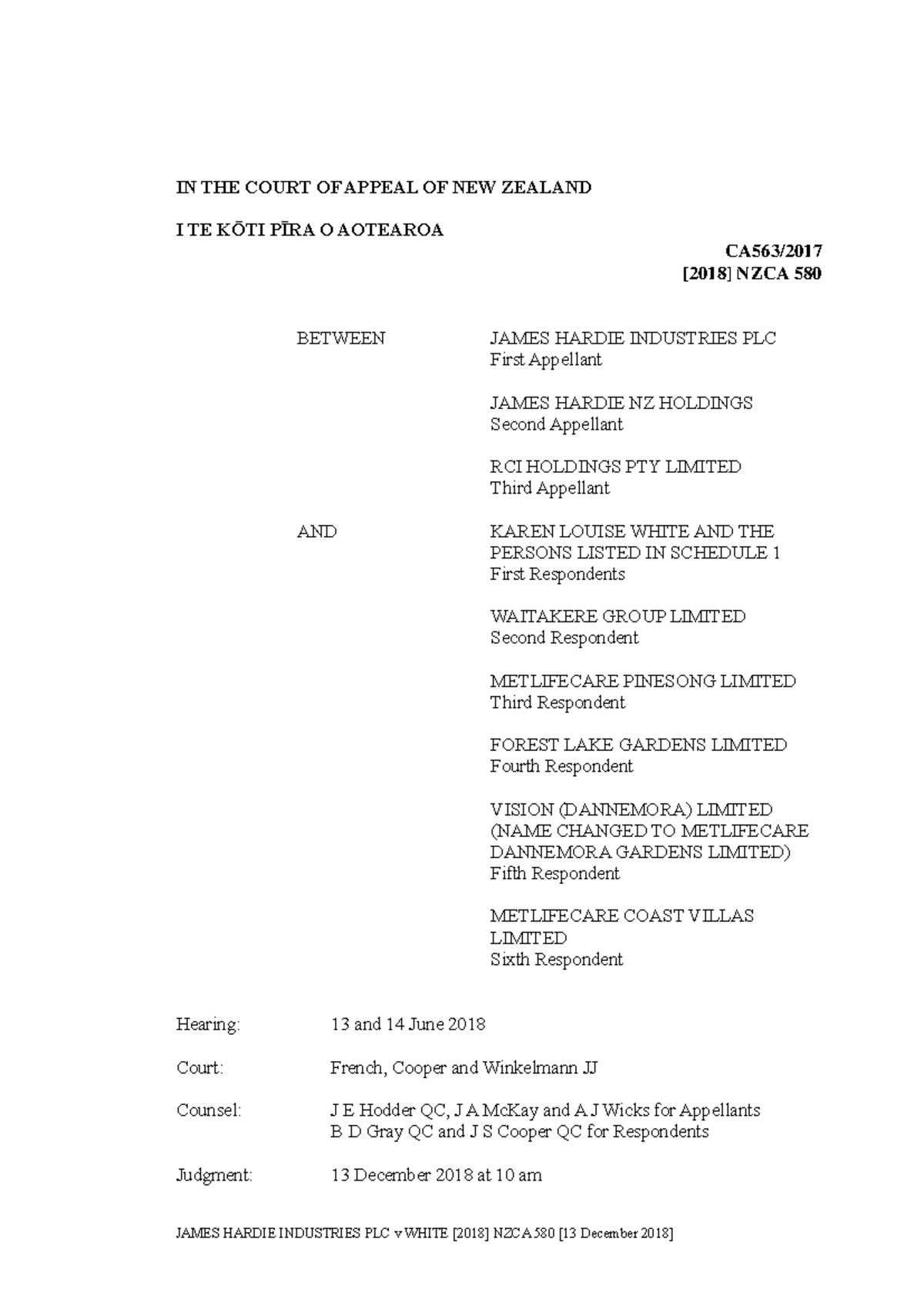 James.Hardie Case - JAMES HARDIE INDUSTRIES PLC v WHITE [2018] NZCA 580 ...
