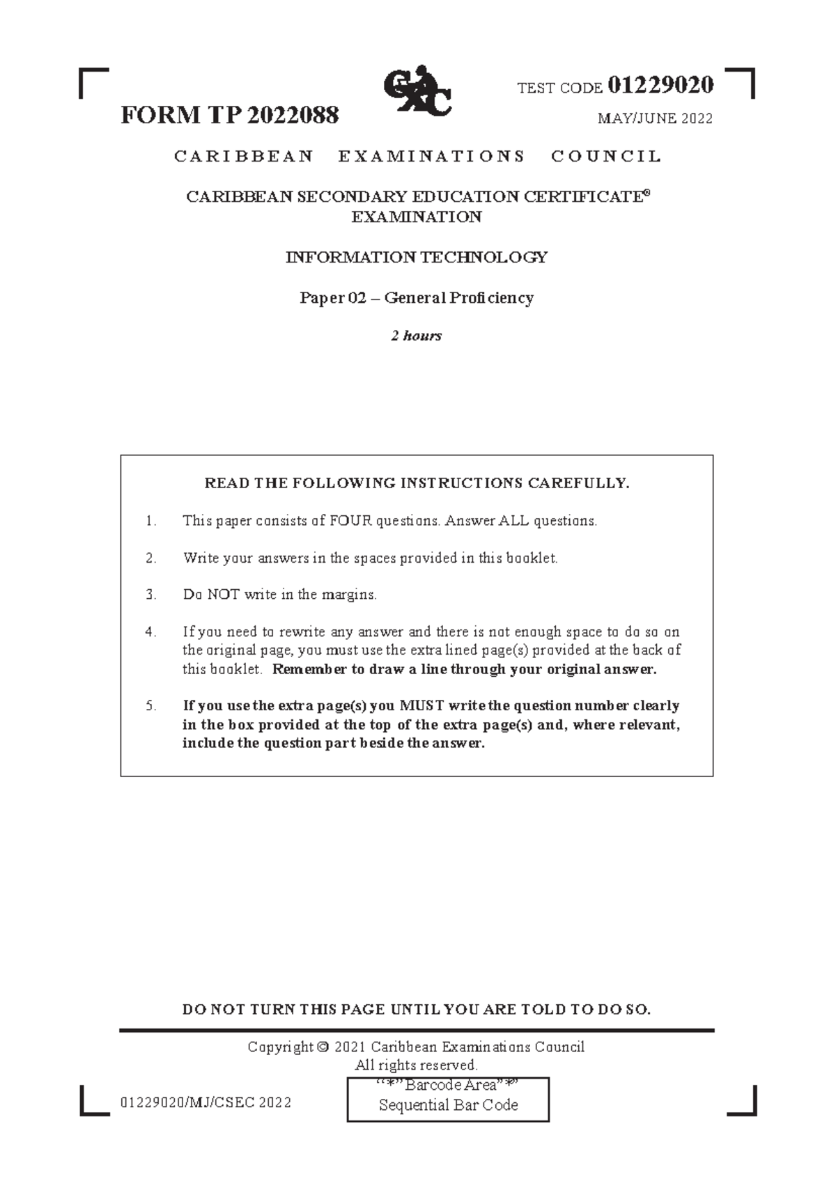 Csec Information Technology P2 2022 Test Code 01229020 Form Tp 2022088 May June 2022 C A R I B