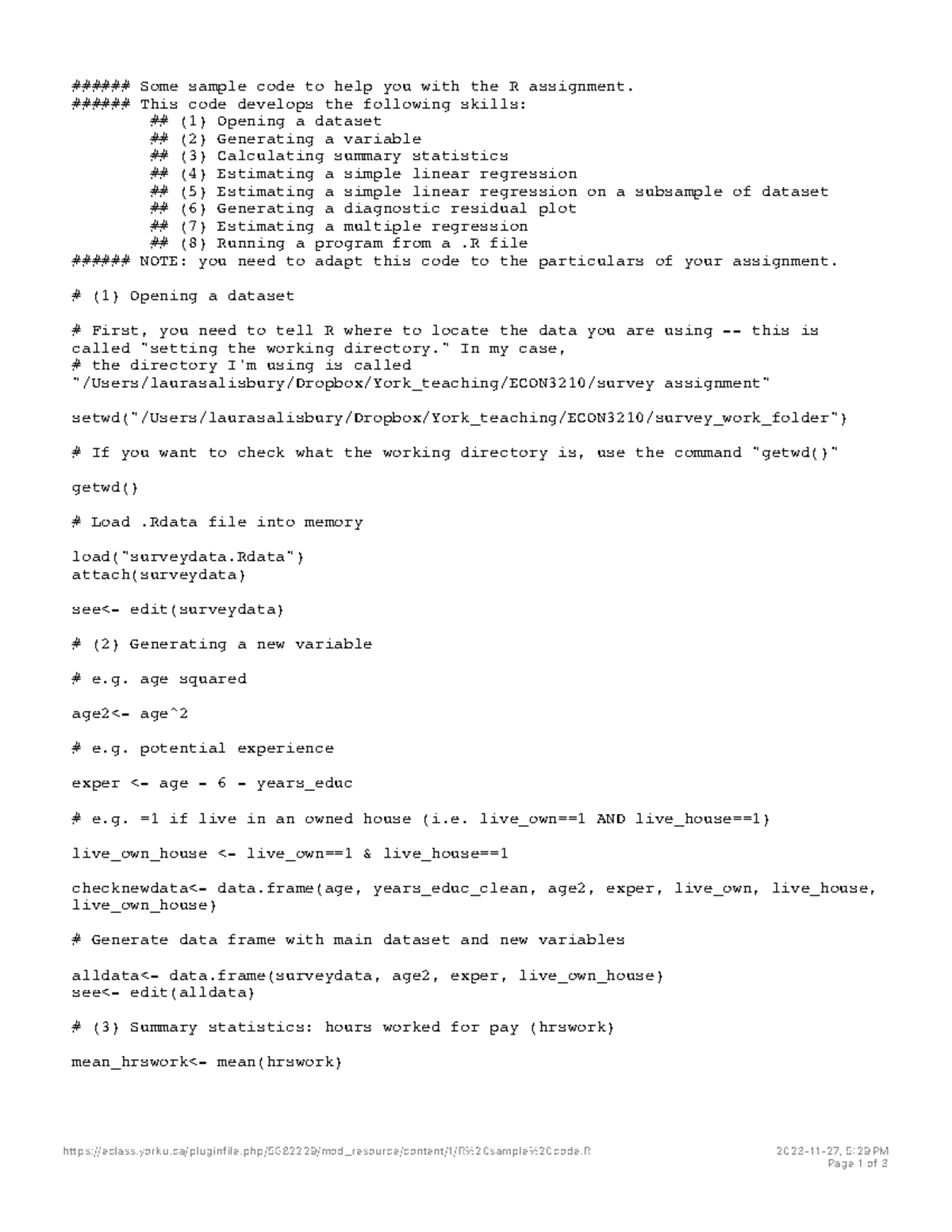 Sample Code 1 Some Sample Code To Help You With The R Assignment This Code 6089