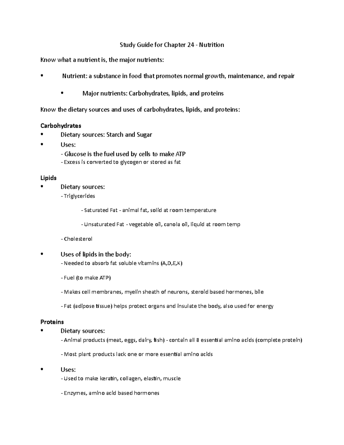 8, Study Guide for Nutrition - Study Guide for Chapter 24 - Nutrition ...