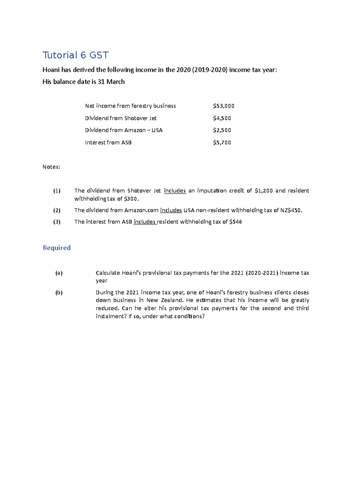 Tutorial 6 - GST - Student worksheet - Tutorial 6 GST Hoani has derived ...