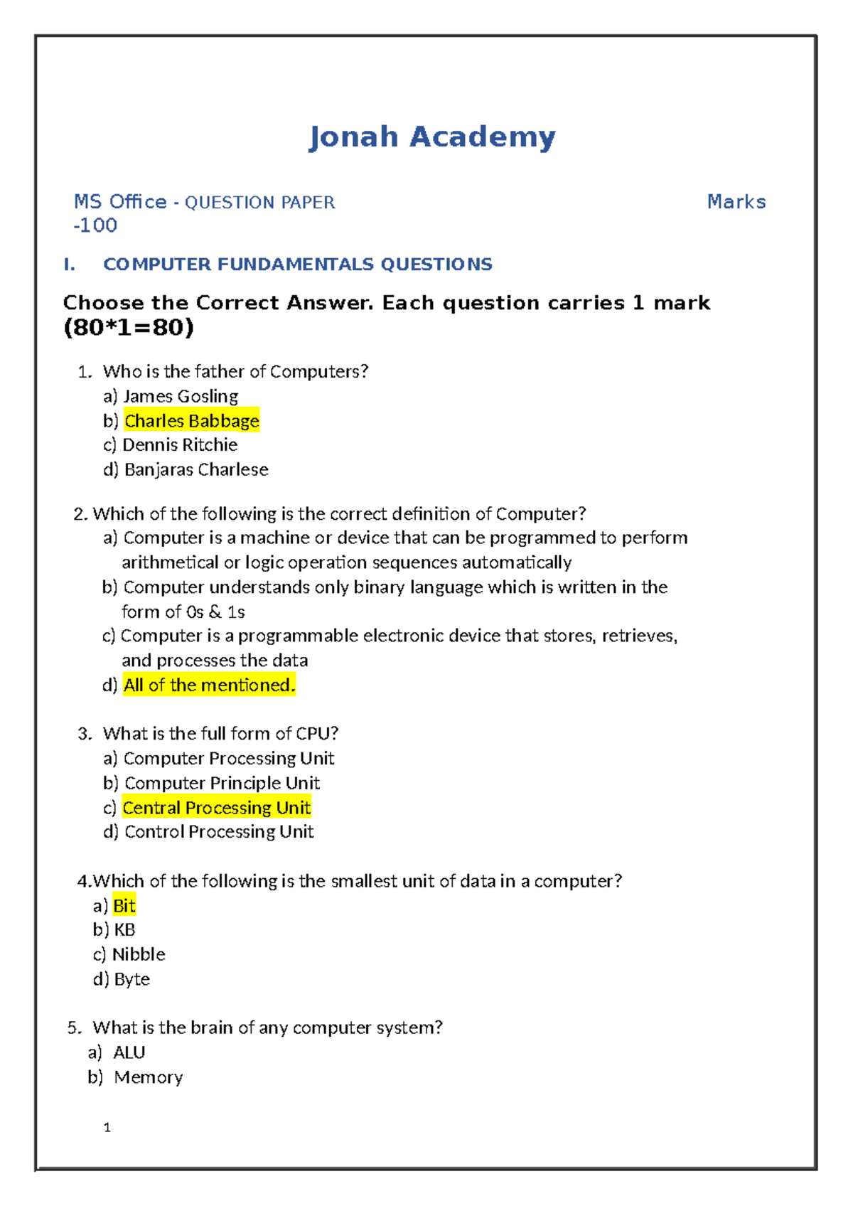Question paper - Useful - Jonah Academy MS Office - QUESTION PAPER ...