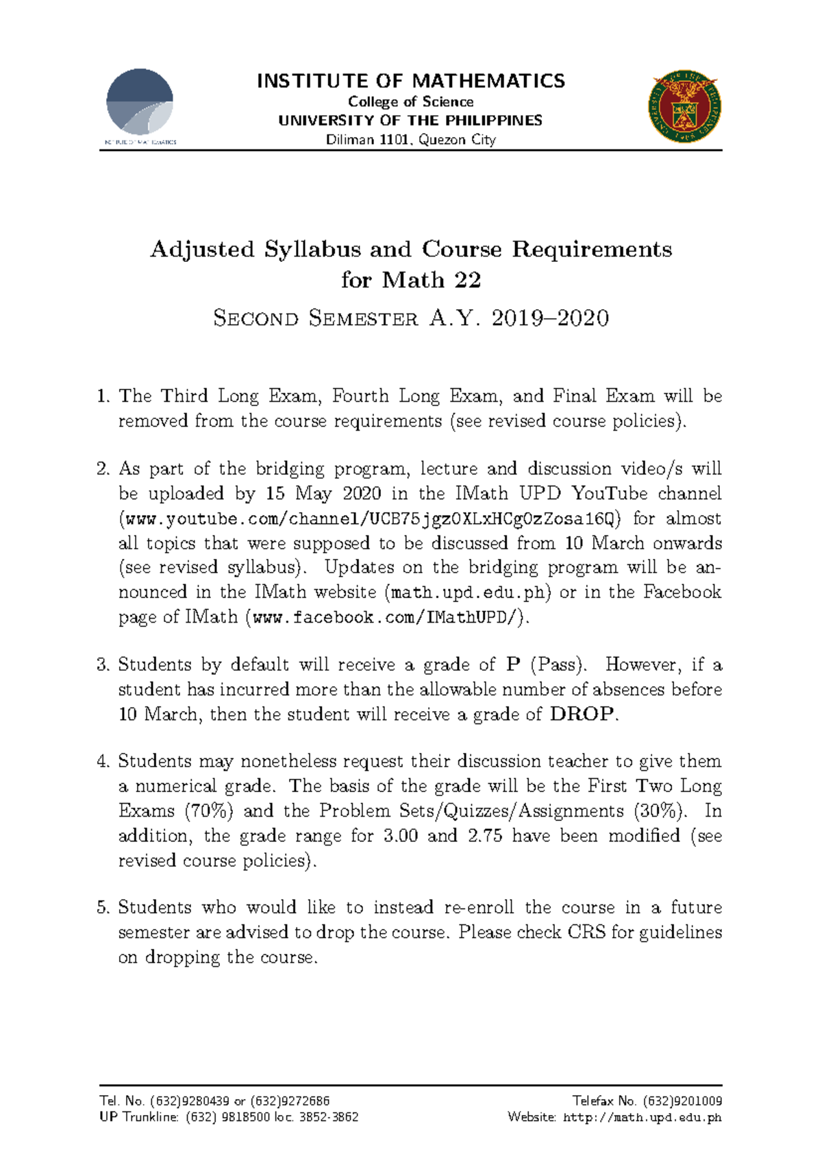 459737351 Math 22 Announcement - INSTITUTE OF MATHEMATICS College of Science UNIVERSITY OF THE ...