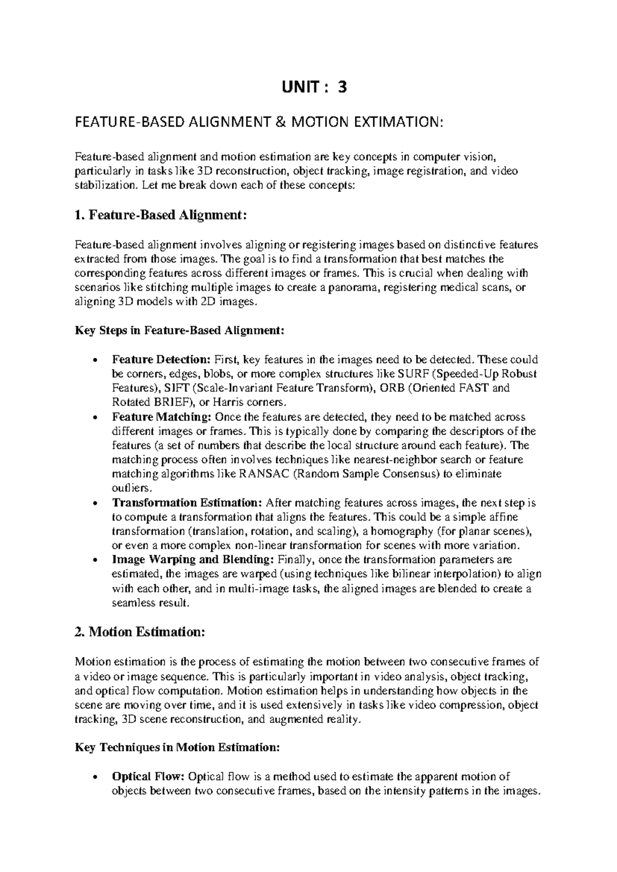 UNIT-3 AICV VII AIDS - AICV UNIT 3 - UNIT : 3 FEATURE-BASED ALIGNMENT & MOTION EXTIMATION: - Studocu