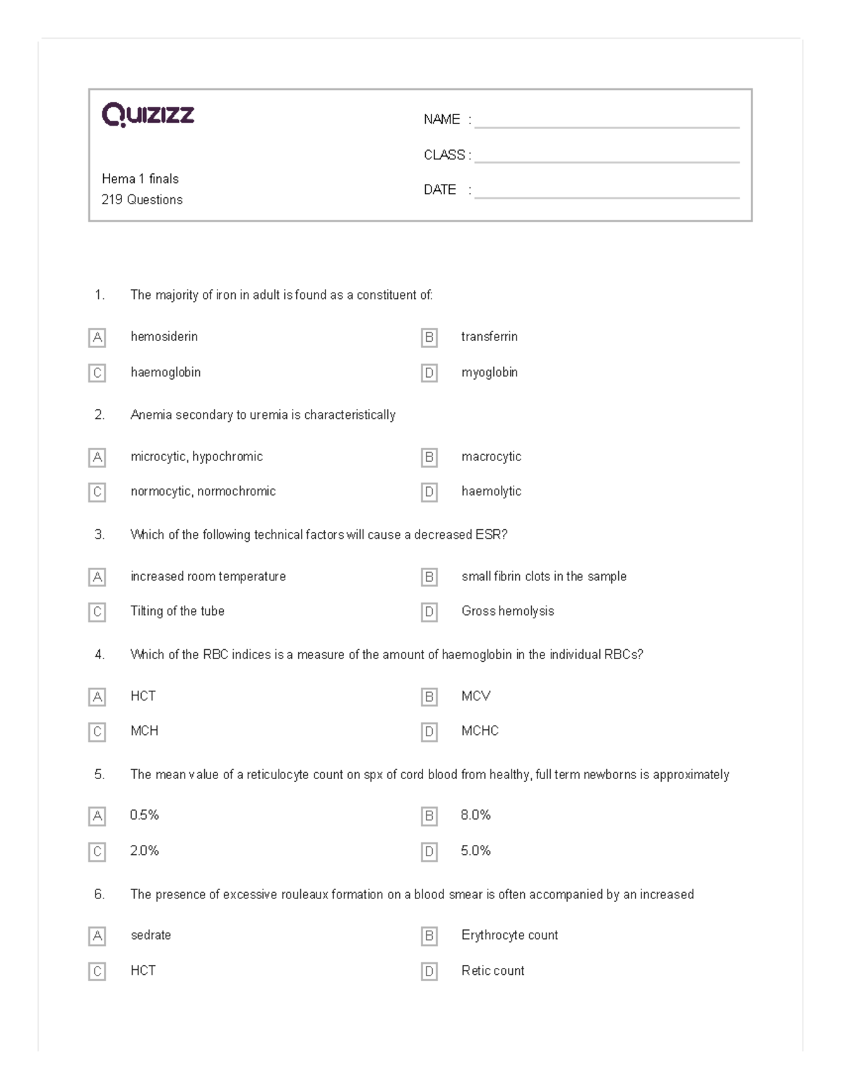 Dsfafgadgggfa - fsadfgsdf - Hema 1 finals 219 Questions NAME : CLASS ...