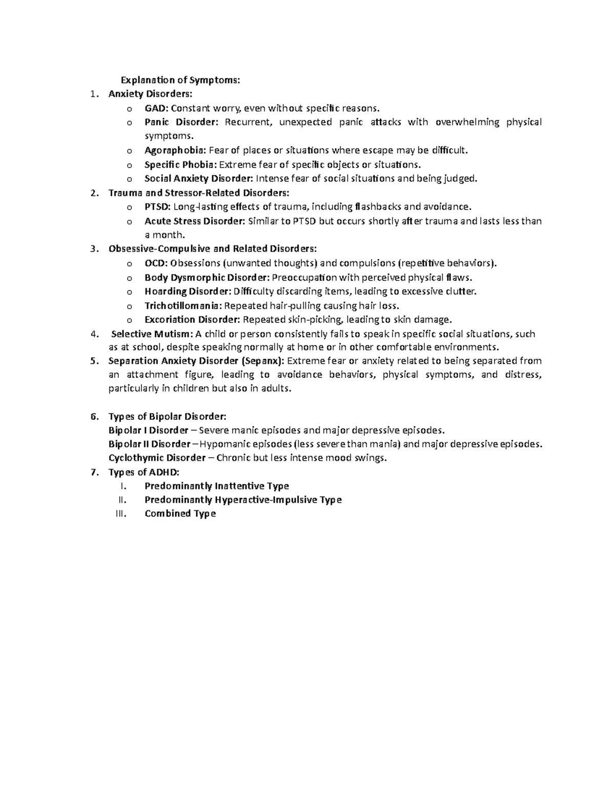 Exp of disorders - Explanation of Symptoms: Anxiety Disorders: o GAD ...
