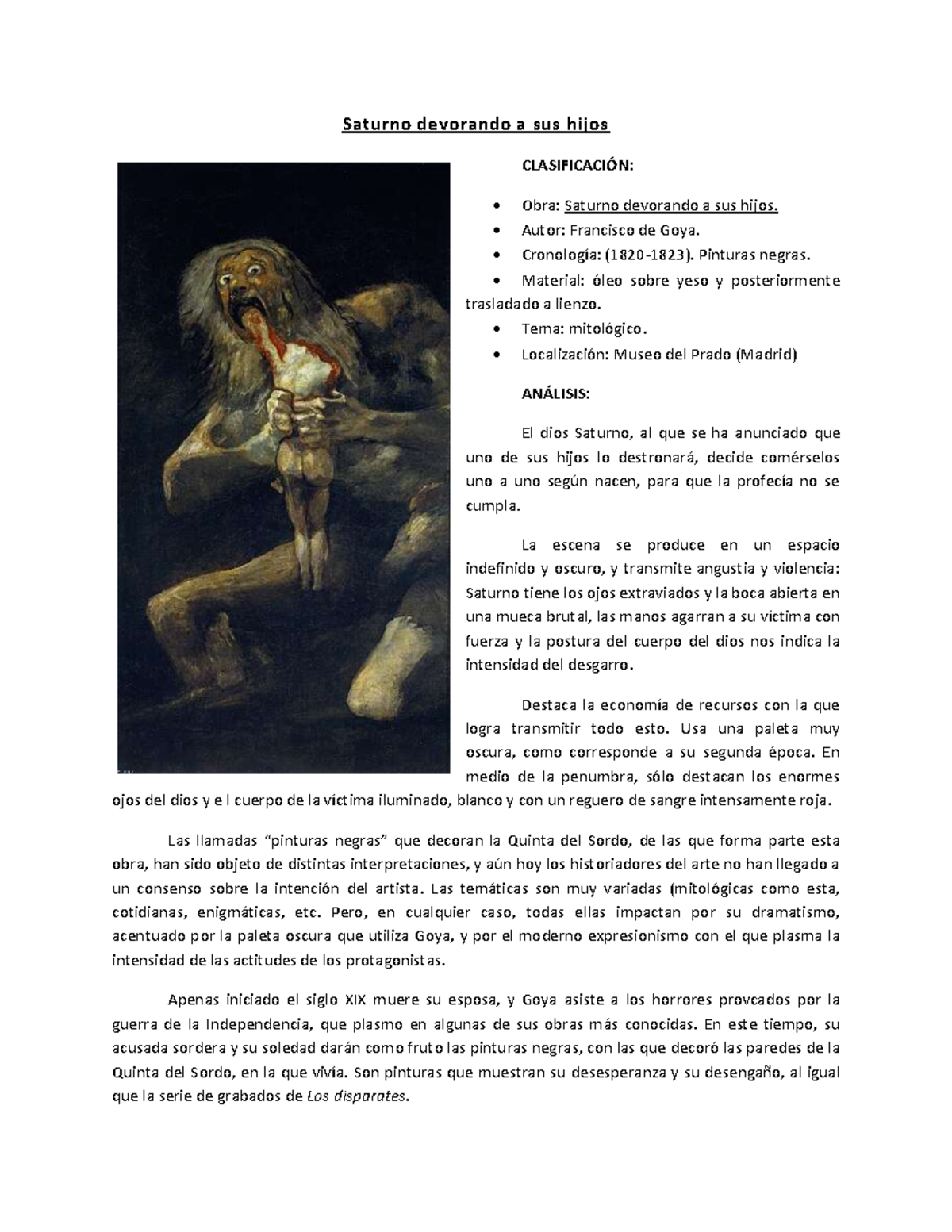 Saturno devorando a sus hijos - Autor: Francisco de Goya. Cronología ...