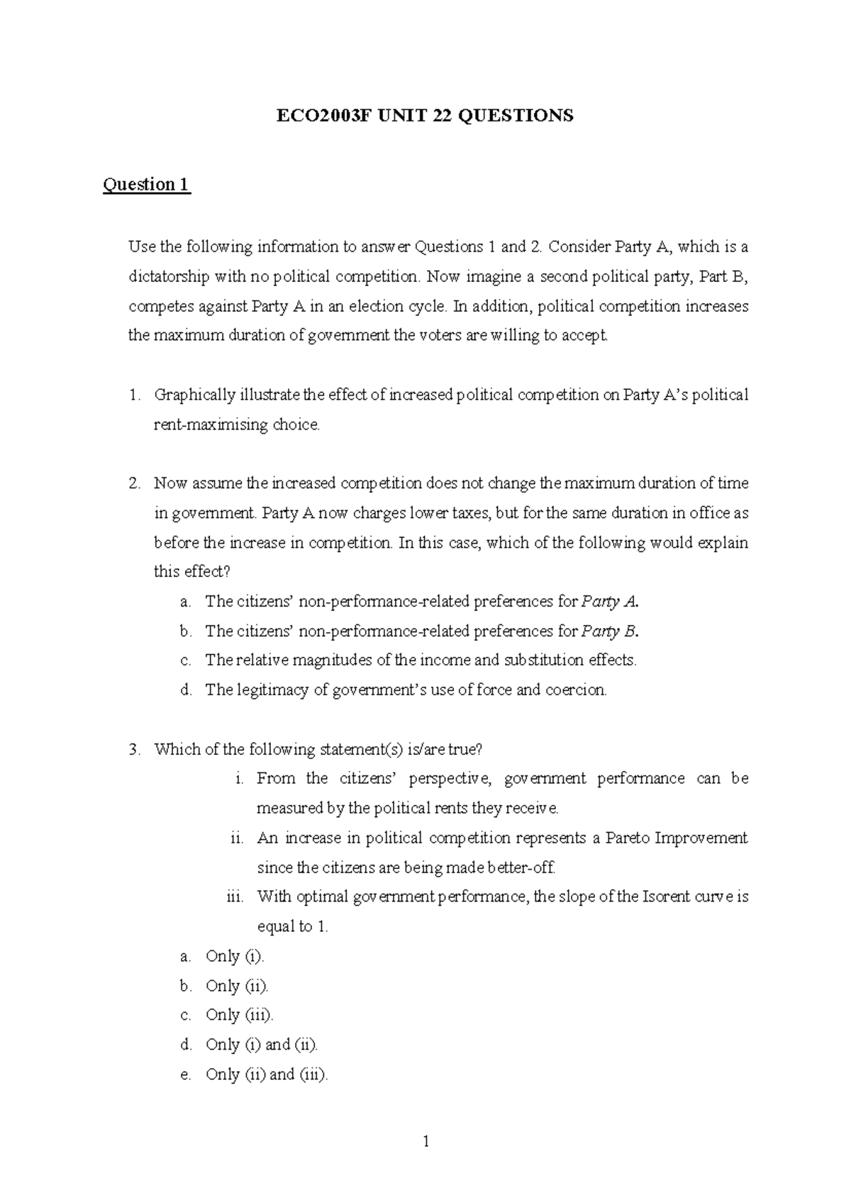 Unit 22 Questions - 1 ECO2003F UNIT 22 QUESTIONS Question 1 Use the ...